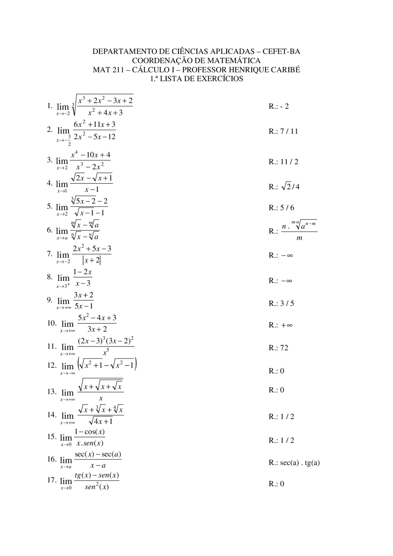 Lista Limites Calculo I Lista De Limites Docsity