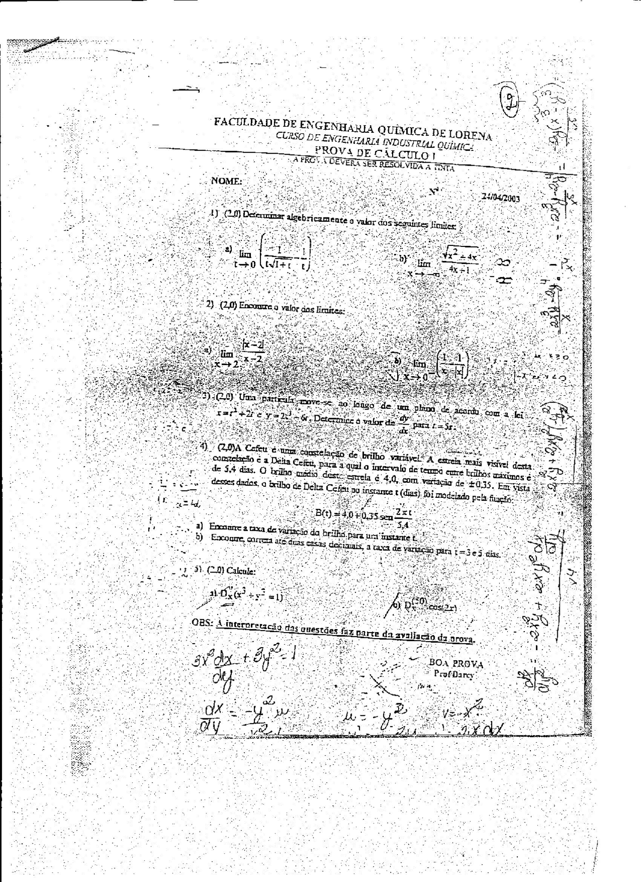 Provas Cálculo Darcy Provas De Calculo I Prof Darcy Eel Usp Docsity