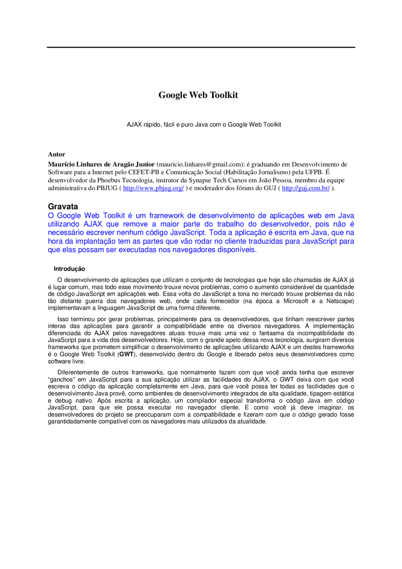 Google Web Toolkit - Apostila sobre Google Web Toolkit - Docsity