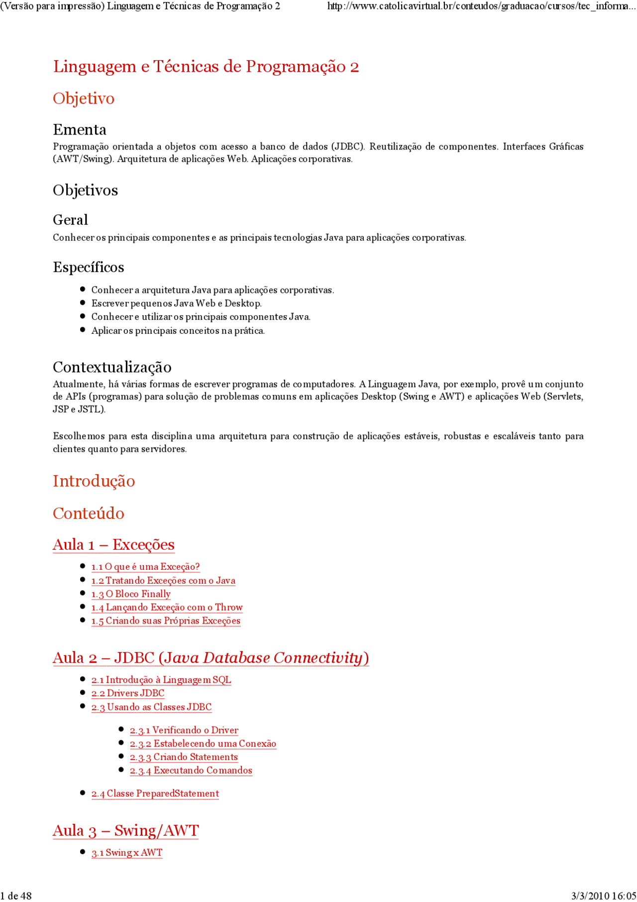 Linguagem e Tecnicas de Programação 2 - Apostila sobre java | Docsity