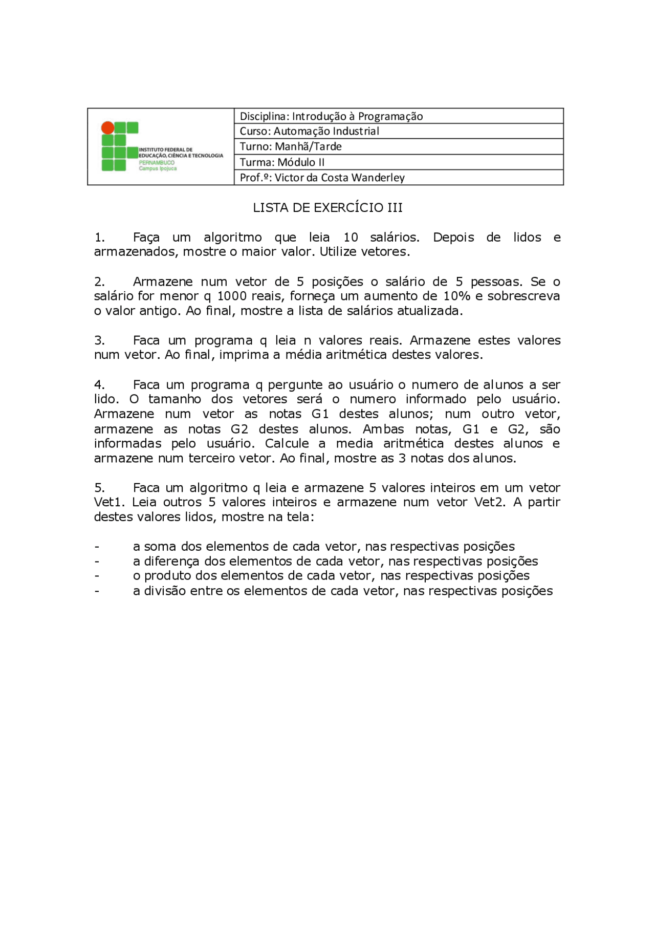 8343 Lista De Exercício Iii Programação Docsity