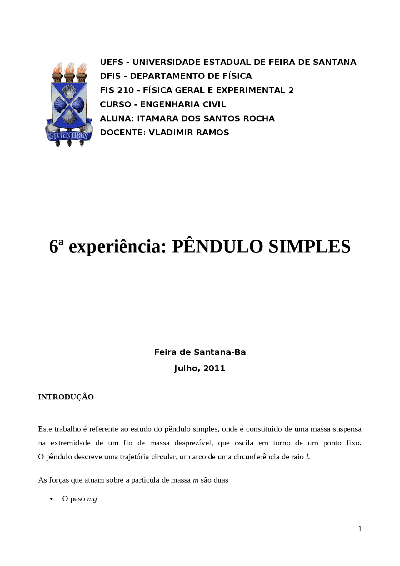 Relatorio pendulo - Relatório_ Prática de Pêndulo Simples MHS - Docsity