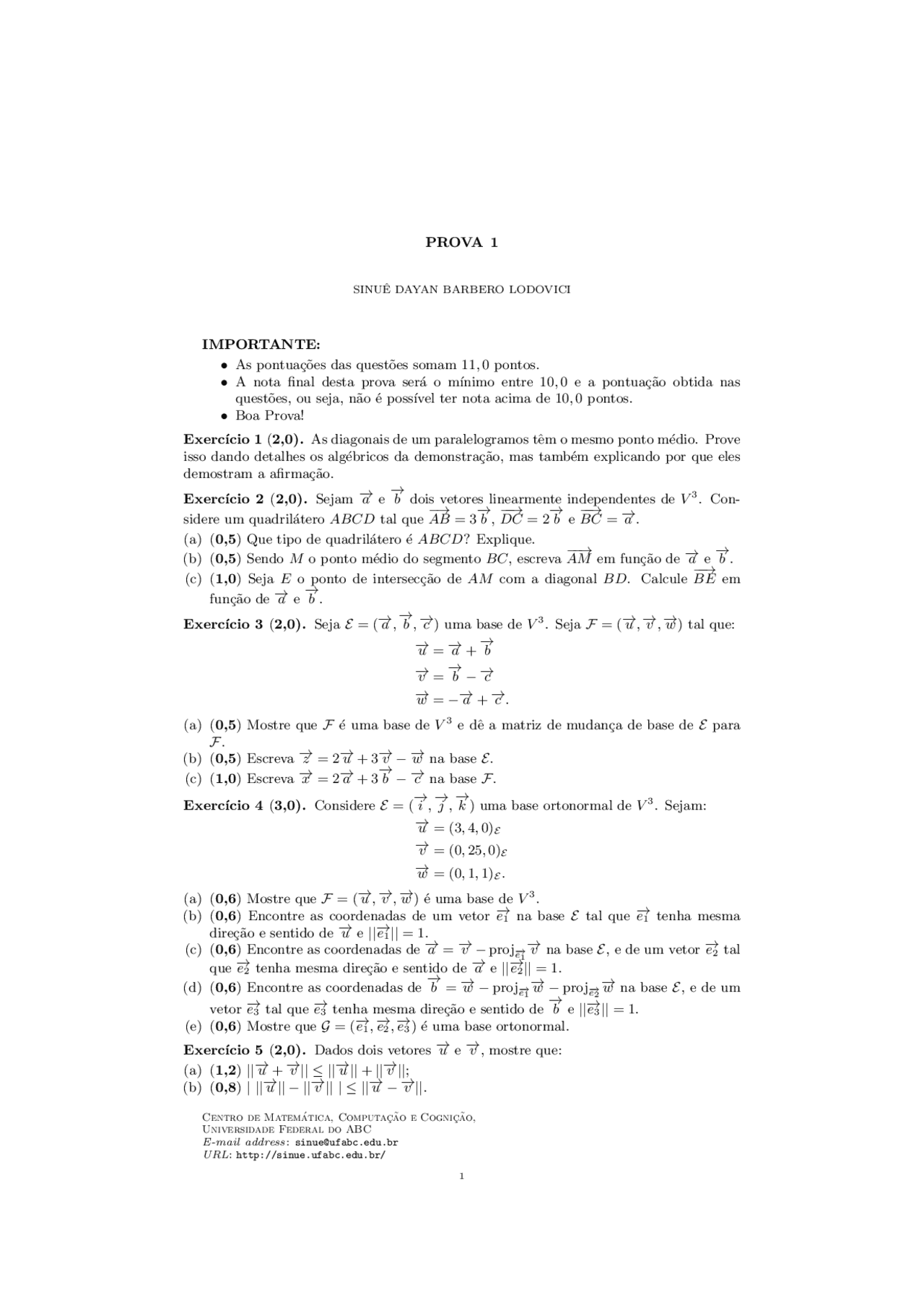 P1 Geometria Analítica Prof Sinuê Prova 1 De Ga Docsity