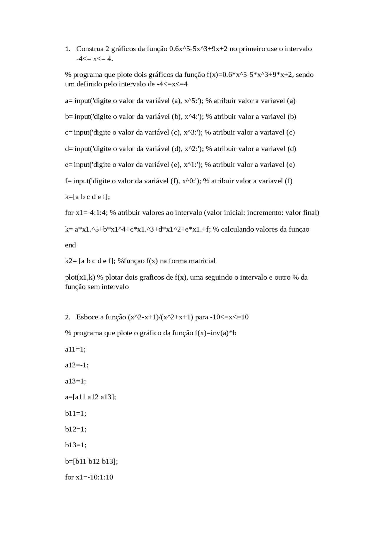 Execícios Matlab Comando Inv Fplot Resolução De Funções Docsity