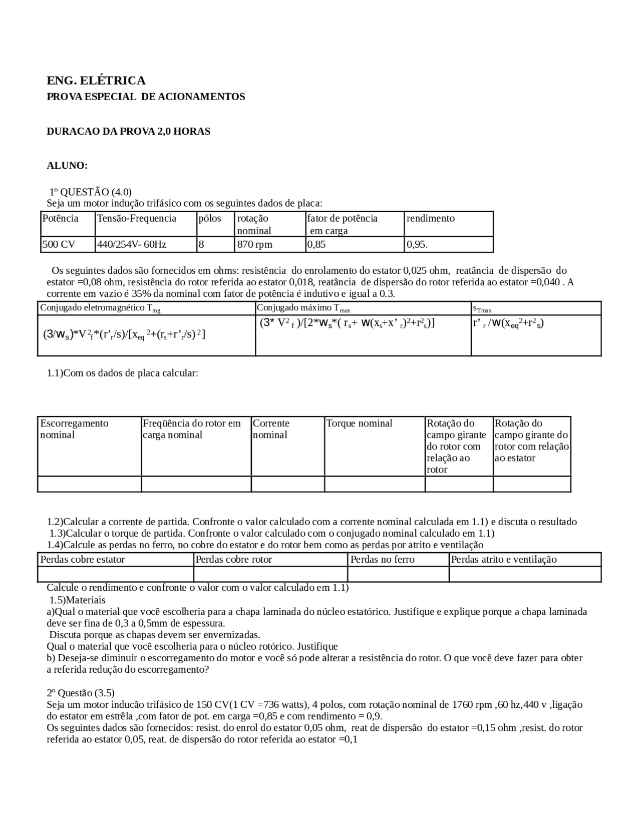 Prova de Acionamentos Elétricos - P2 - Prova de Acionamentos Elétricos - P2 - Docsity