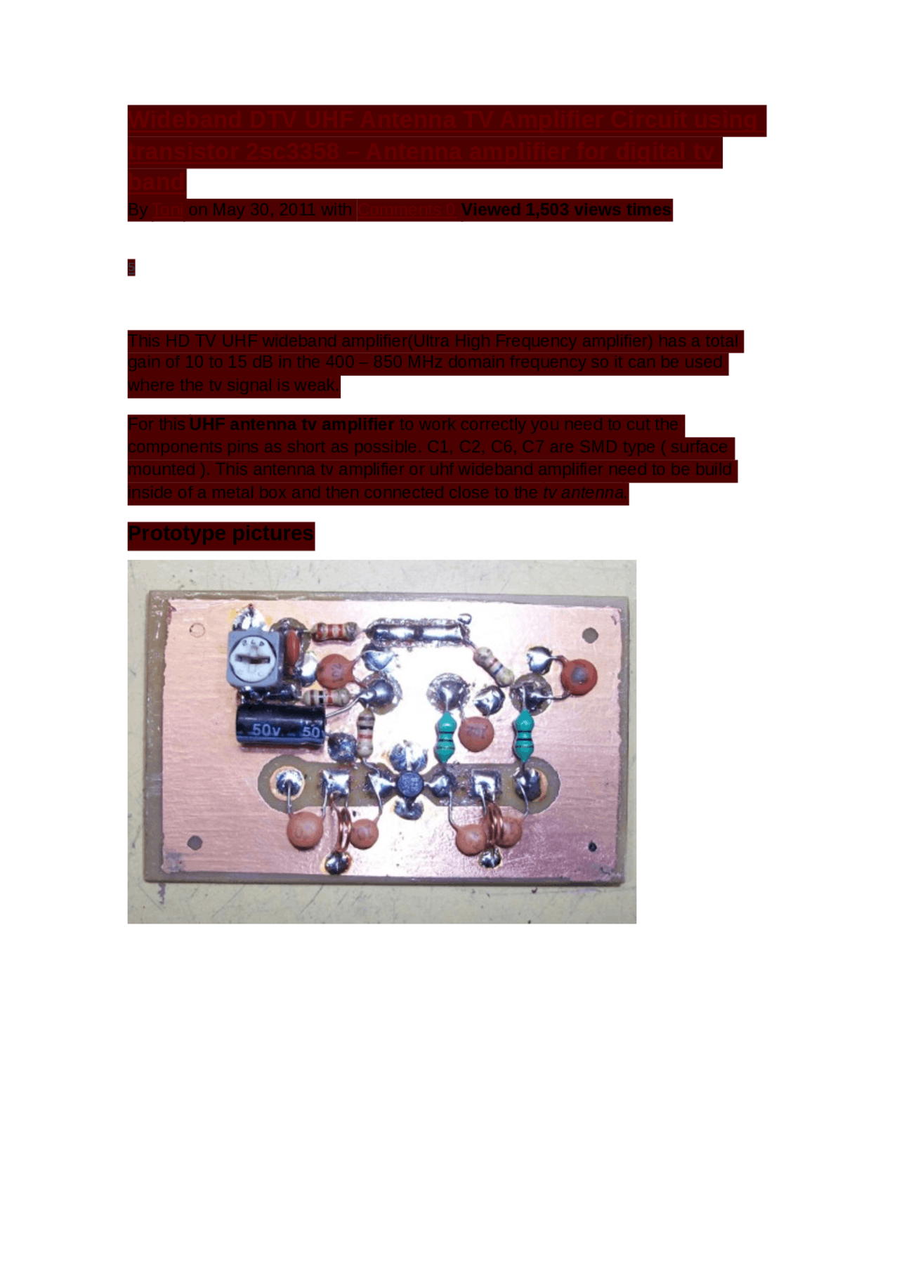 Wideband DTV UHF Antenna TV Amplifier Circuit using transistor 2sc3358 ...