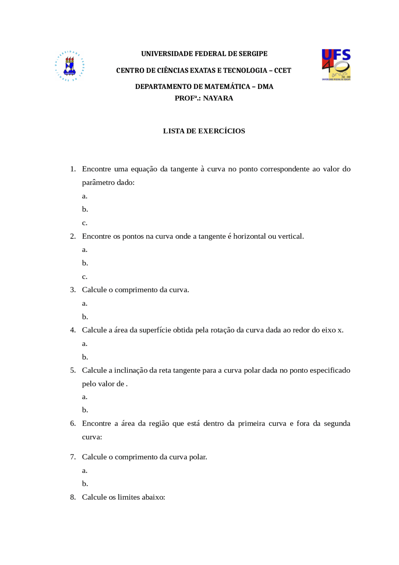 Exercício Cálculo II - Lista de exercício de cálculo II (2) - Docsity