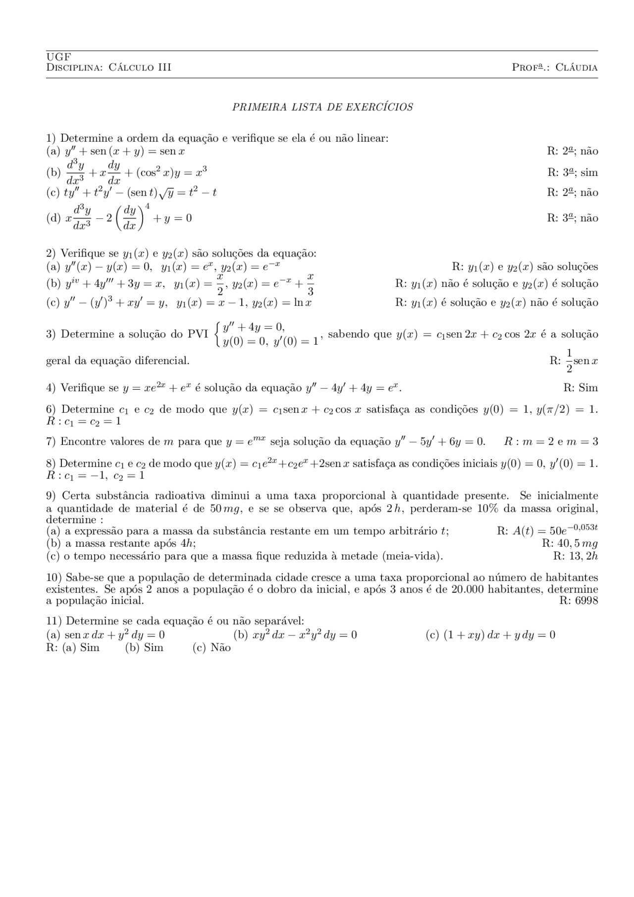 Lista1 Calc III EDO - Exercícios com resposta - Docsity