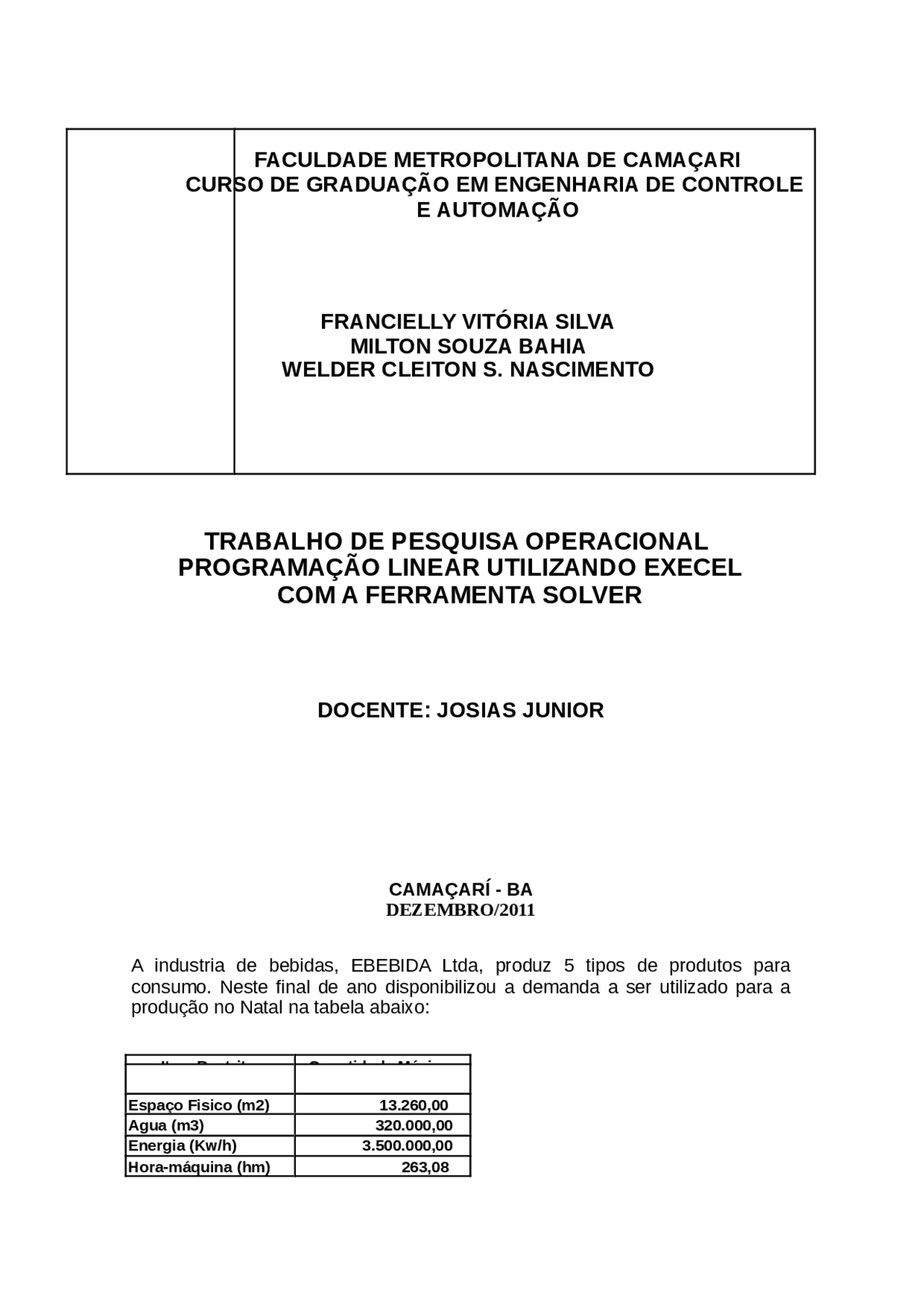 Trabalho De Pesquisa Operacional ProgramaÇÃo Linear Utilizando Exec