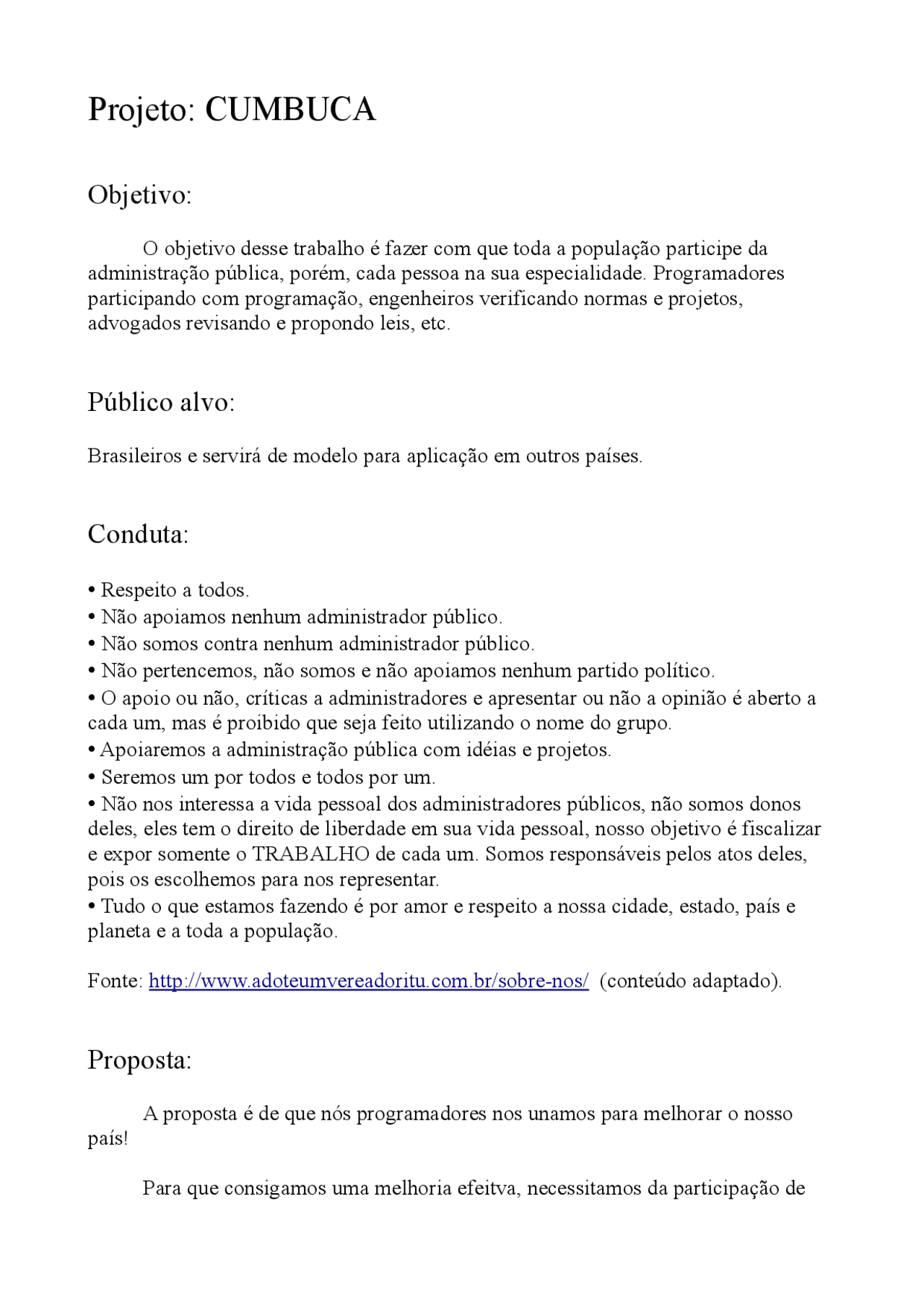 Projeto CUMBUCA - Projeto Cumbuca | Docsity