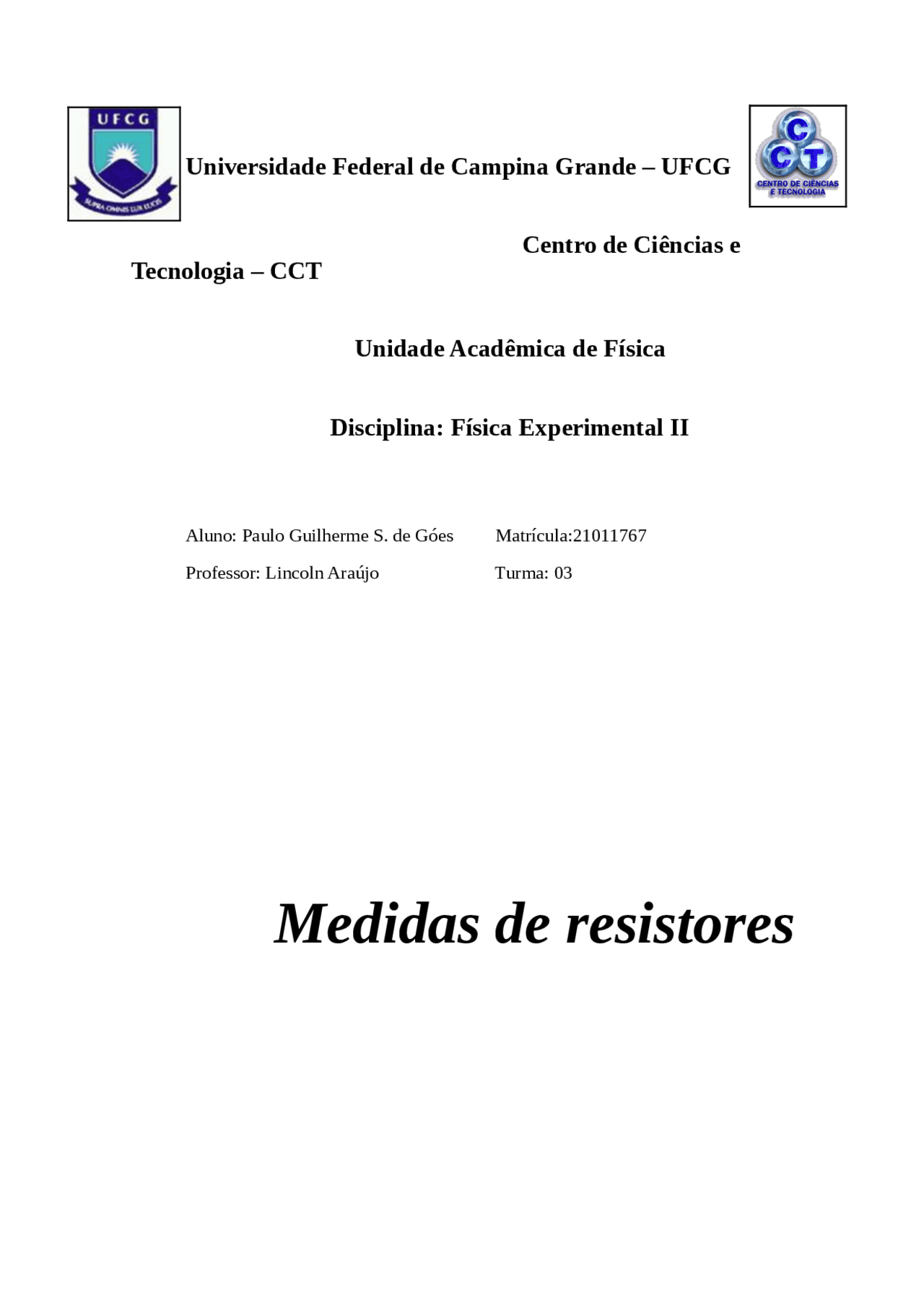 Medida De Resistores Relatório Experimental Docsity