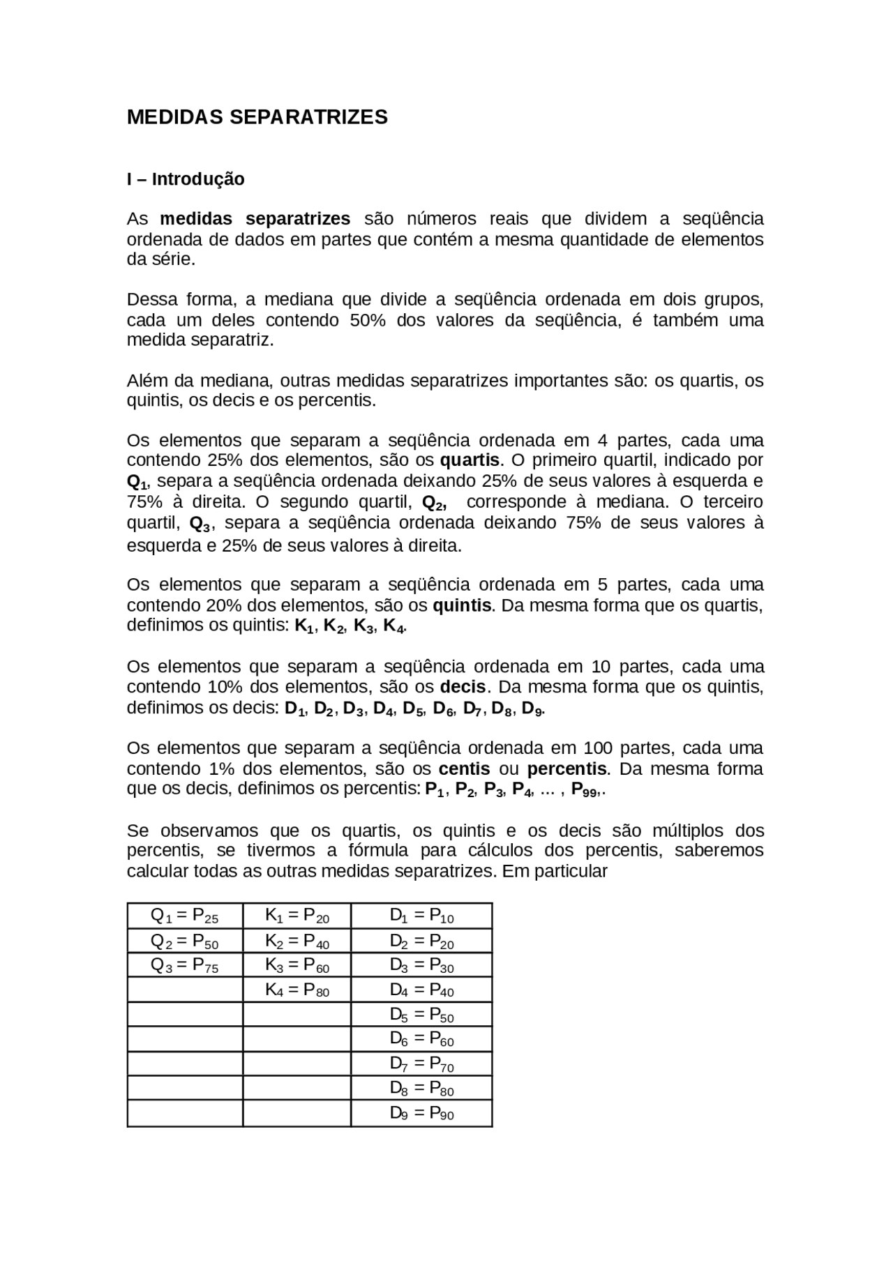 Medidas separatrizes - conteudo sobre medidas separatrizes - Docsity