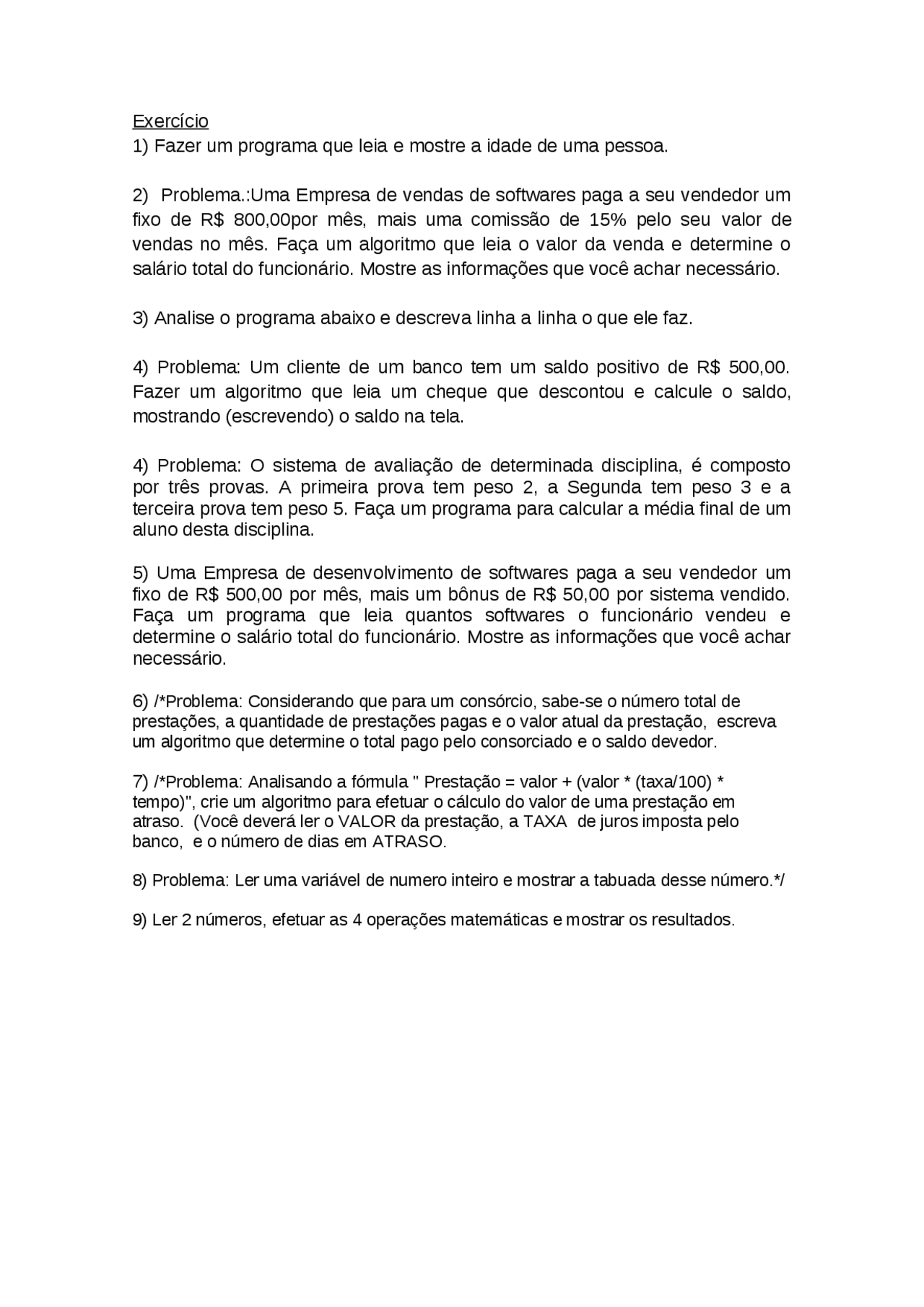 Lista Exercicios Programação Estruturada 2oper Progest Docsity