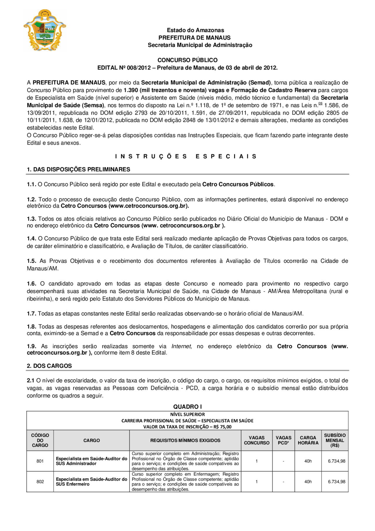 Edital semsa - concurso secretaria municipal de saude manaus - Docsity