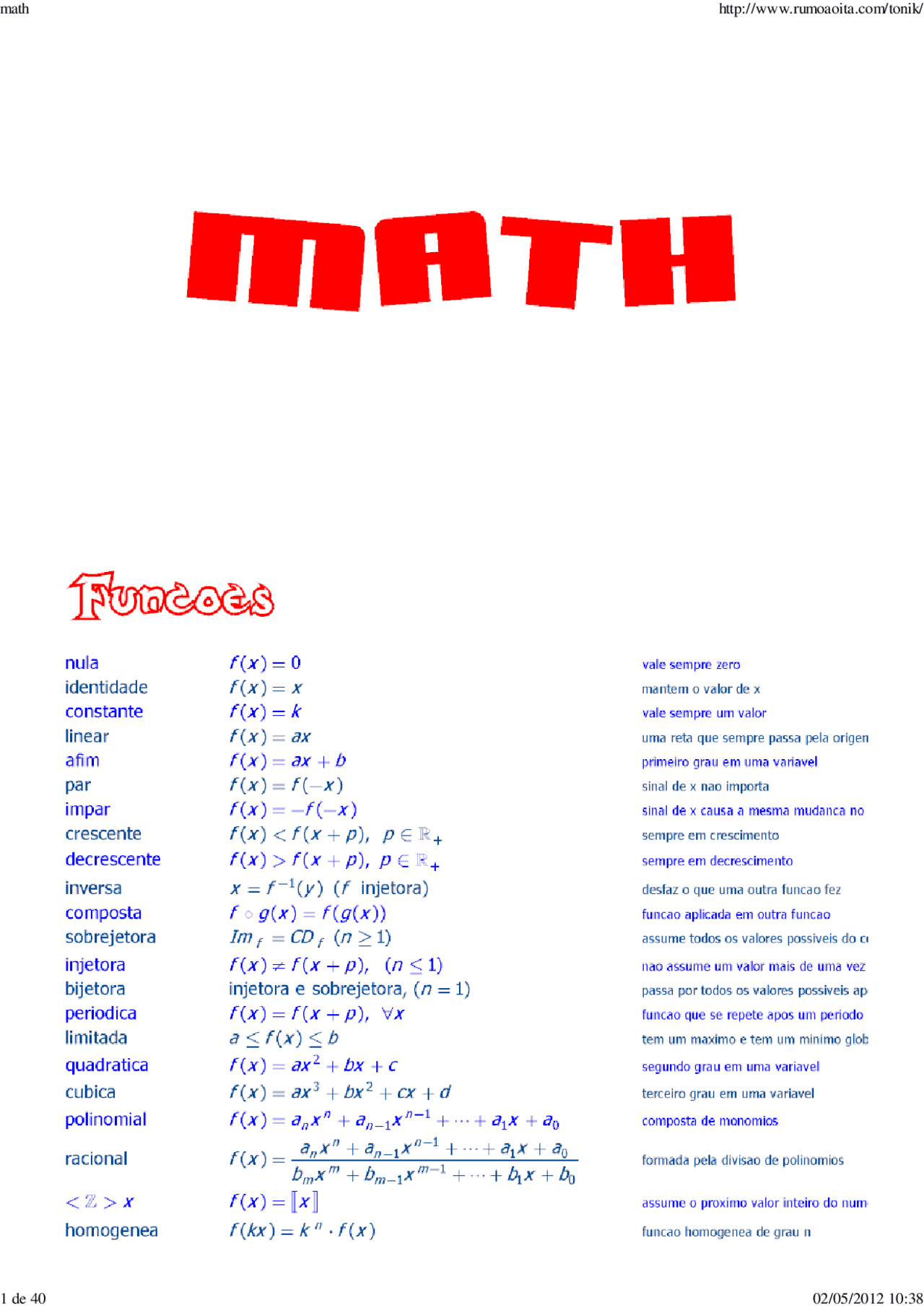 FORMULÁRIO MATEMÁTICA COMPLETO - FORMULÁRIO MATEMÁTICA COMPLETO - Docsity