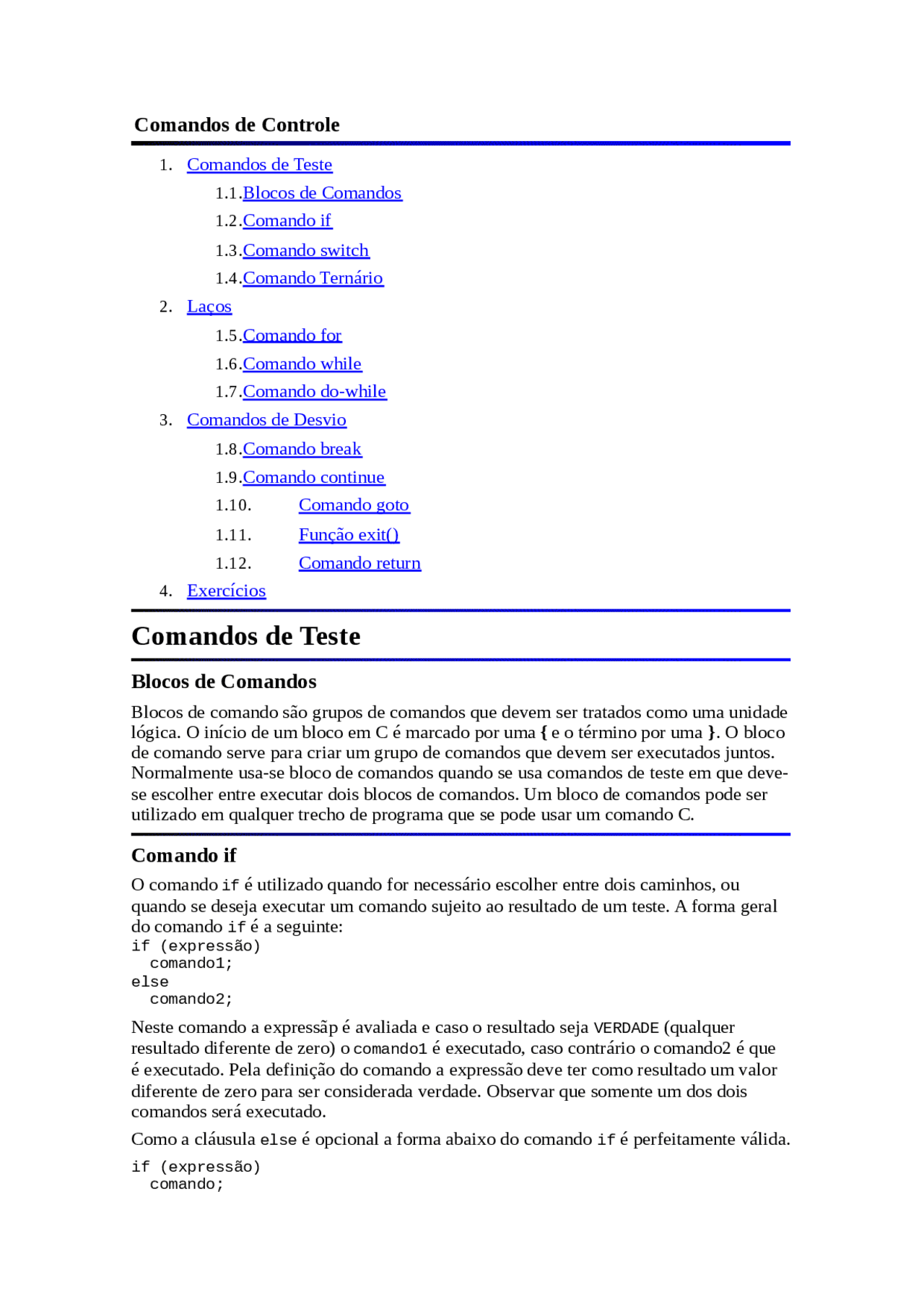 Comandos de Controle c - exemplos de comandos - Docsity