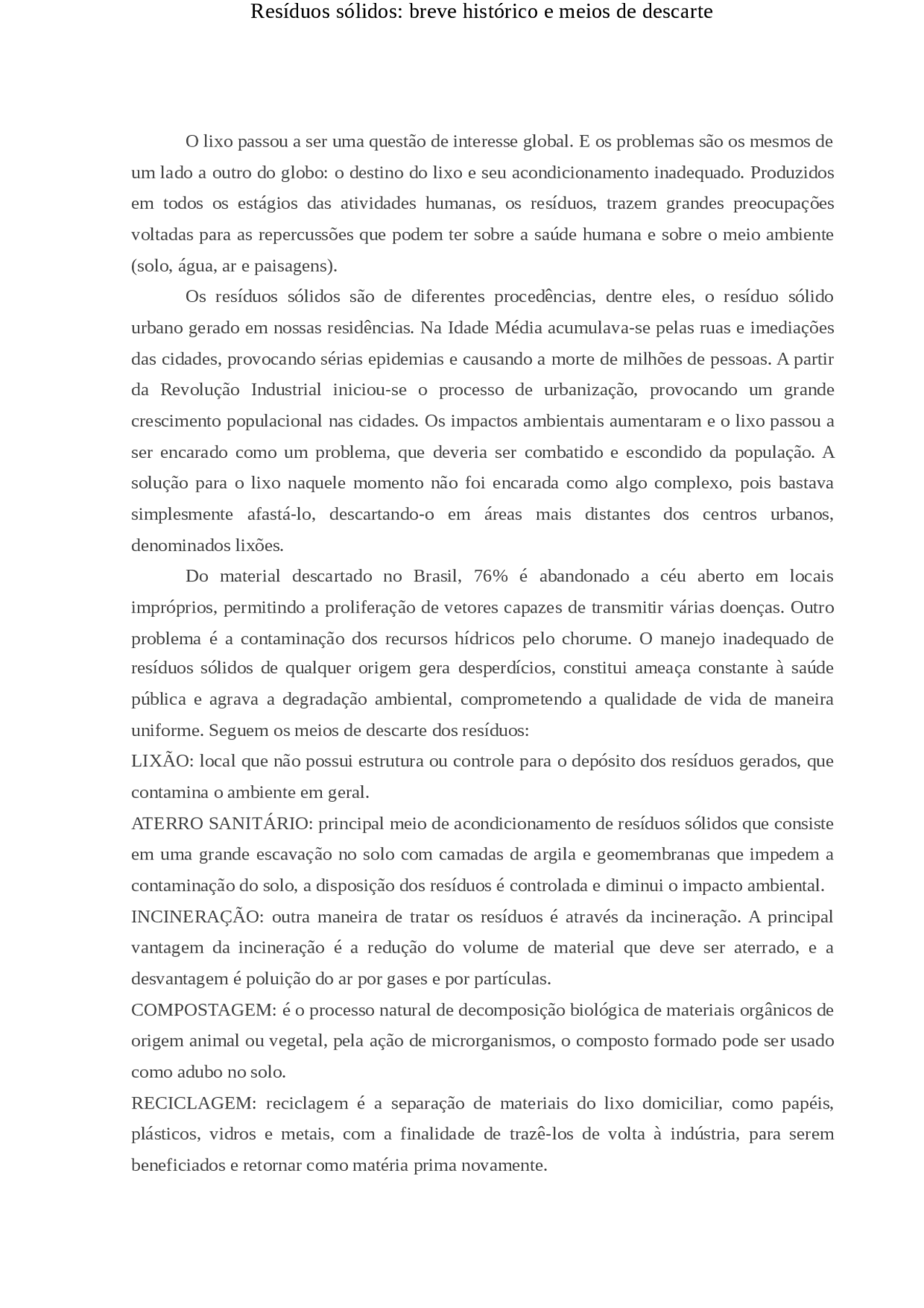 Resíduos Sólidosbreve Histórico Texto Complementar Sobre Resíduos