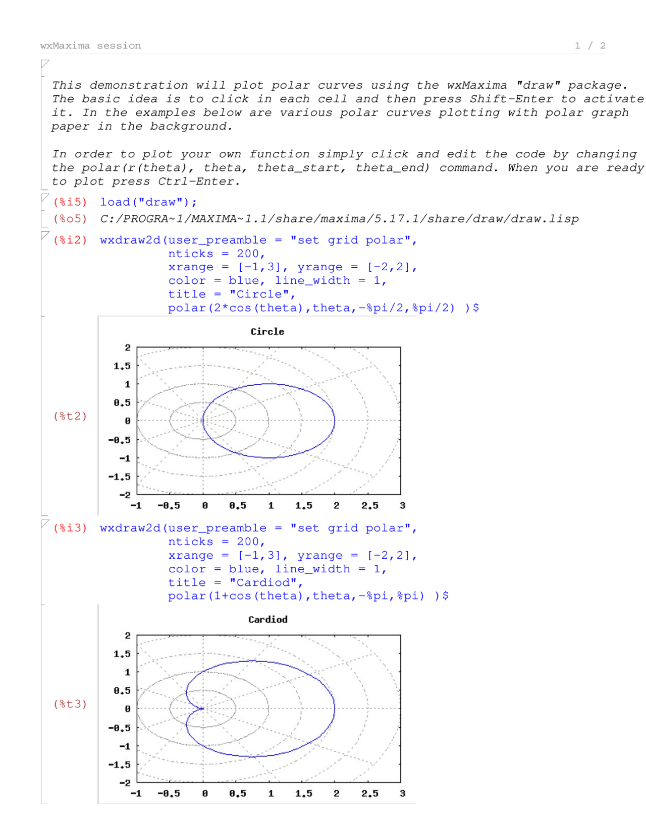 This demonstration will plot polar curves using the wxMaxima "draw ...