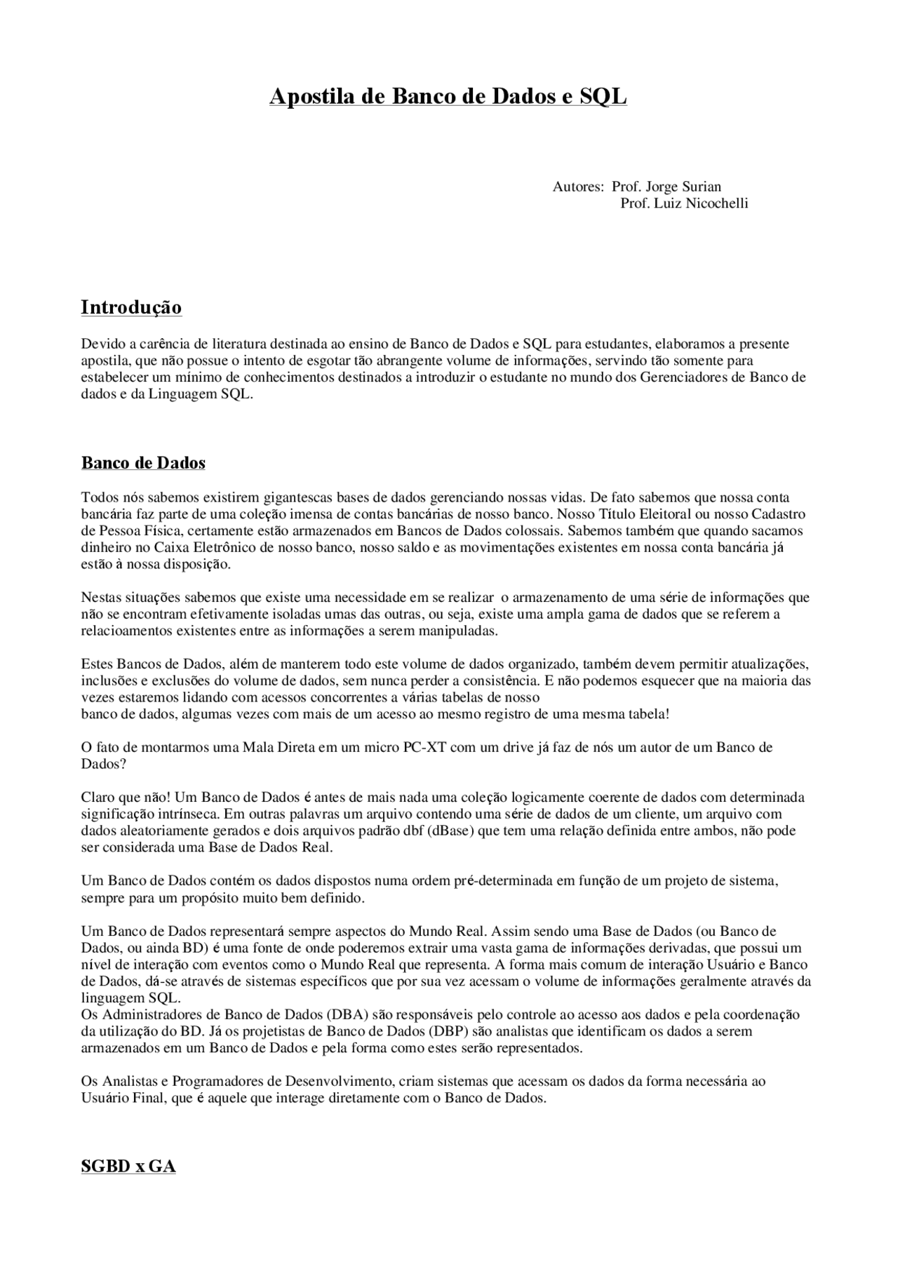 Apostila de Banco de Dados e SQL - banco de dados e sql | Docsity