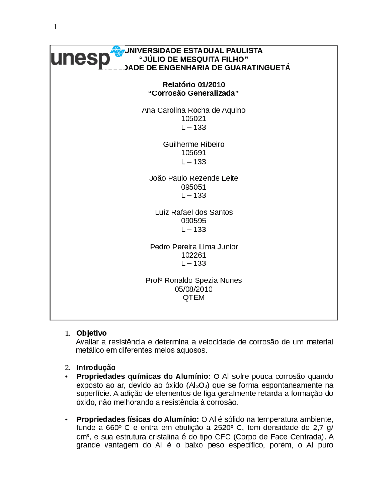 Corrosão Generalizada Relatório Experimental De Corrosão Generalizada
