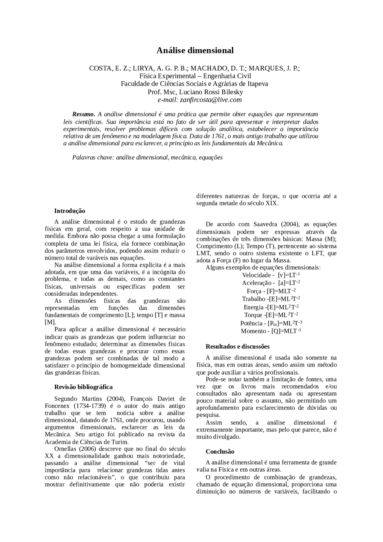 Relatório análise dimensional - análise dimensional - Docsity