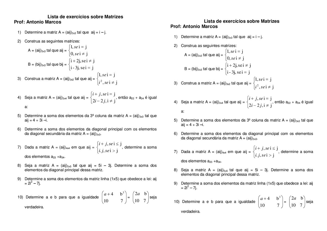 Exercicio Matrizes Com Resposta Lista De Exercicio Respondida Sobre