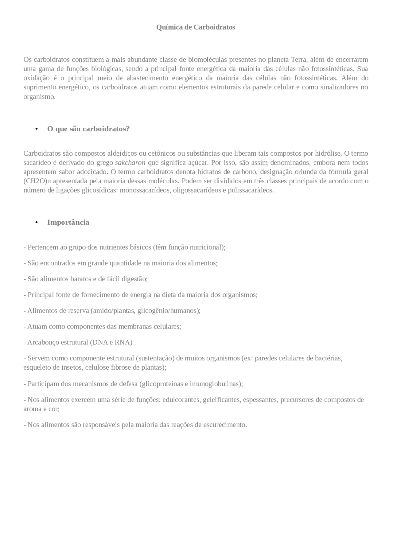 Química De Carboidratos Resumo Sobre Os Carboidratos Docsity