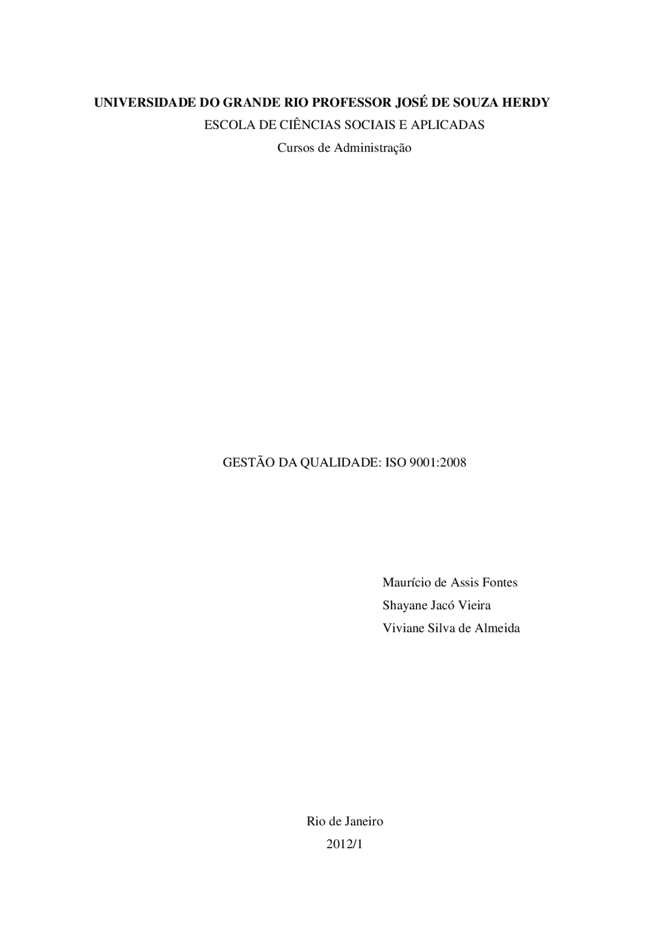 Tcc 1 Gestão Da Qualidade Total Iso 9001 Trabalho De Conclusão De