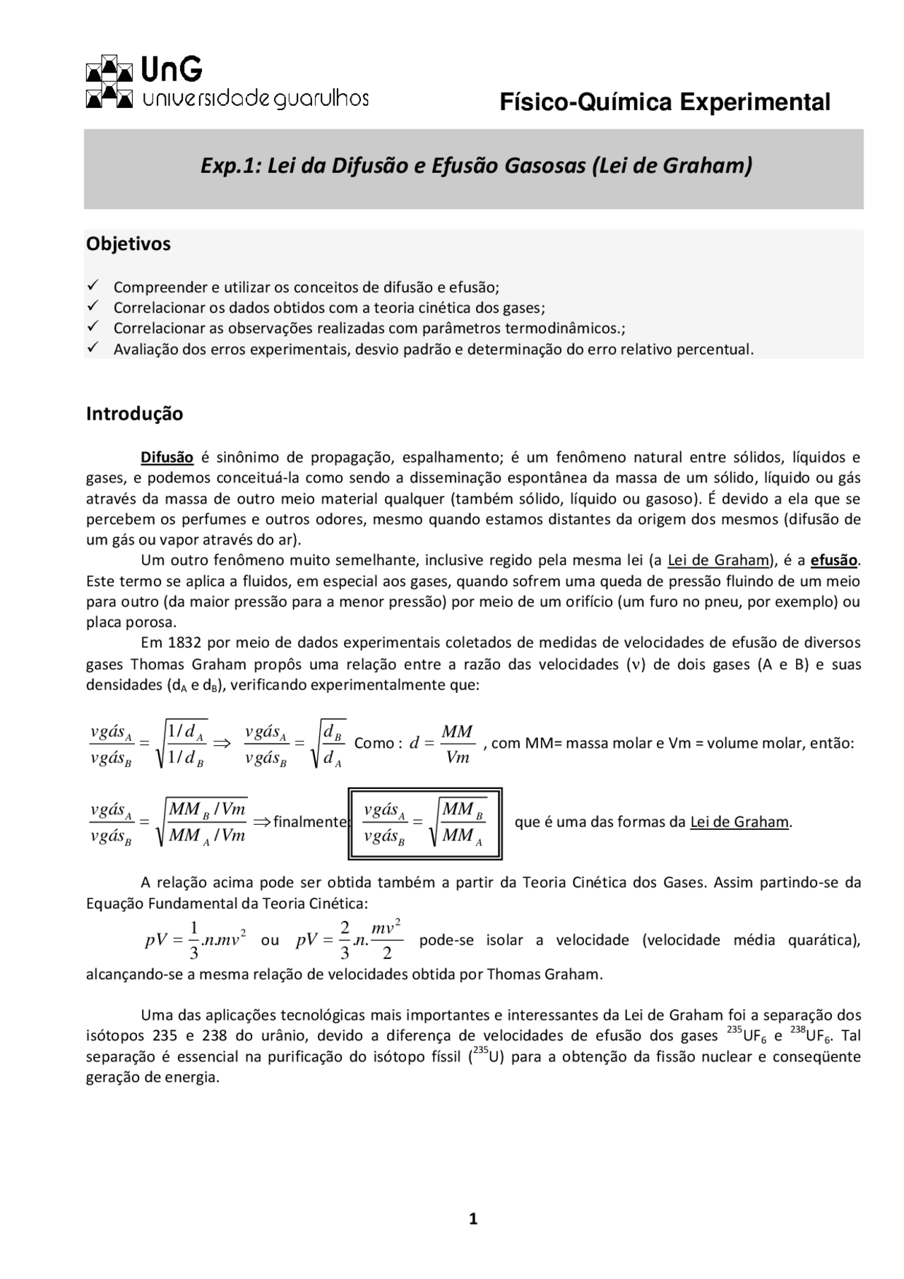 Lei da Difusao e Efusao Gasosas - Lei da Difusao e Efusao Gasosas - Docsity