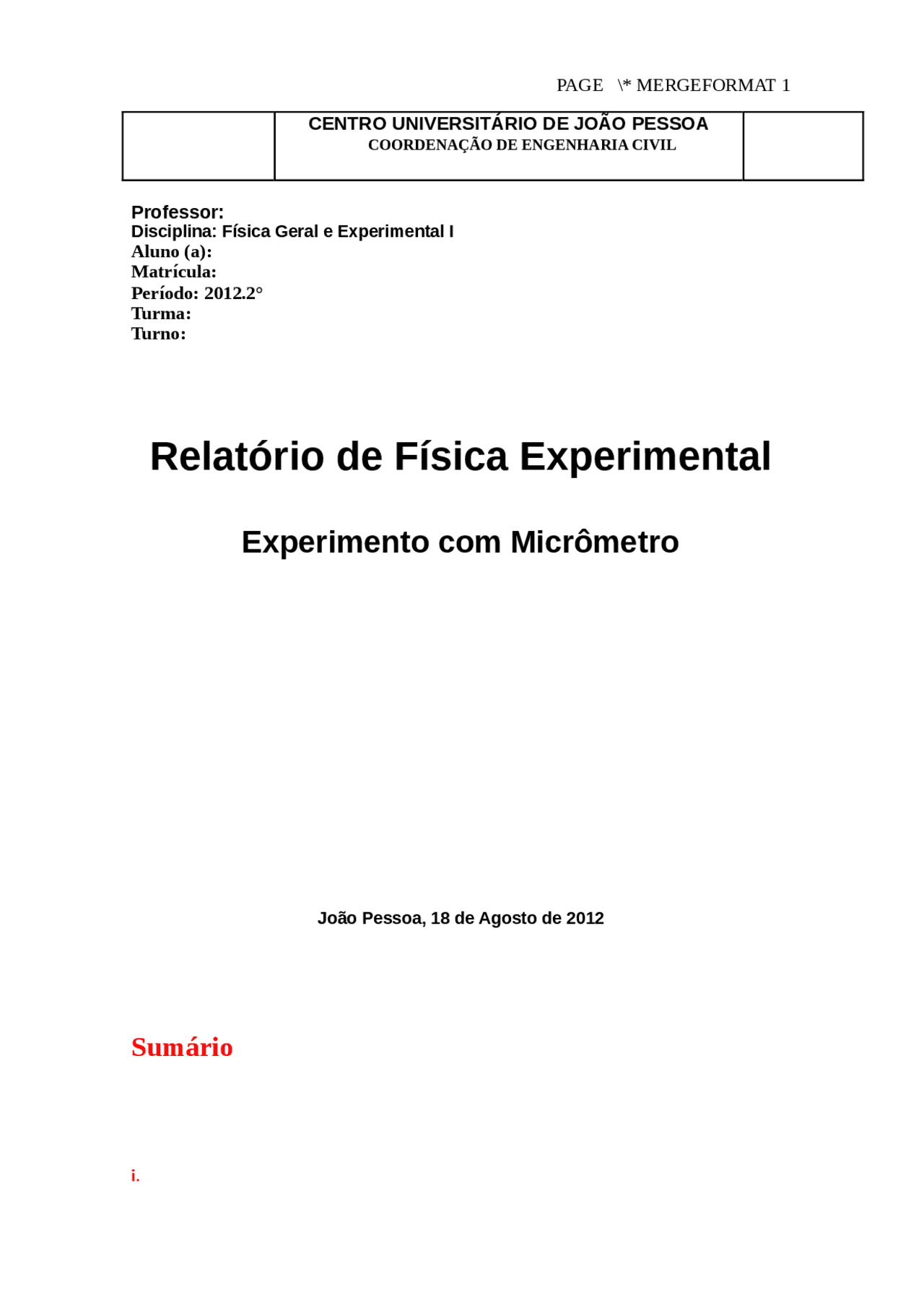 Modelo De Relatório De Física Experimental I Modelo De RelatÓrio Docsity