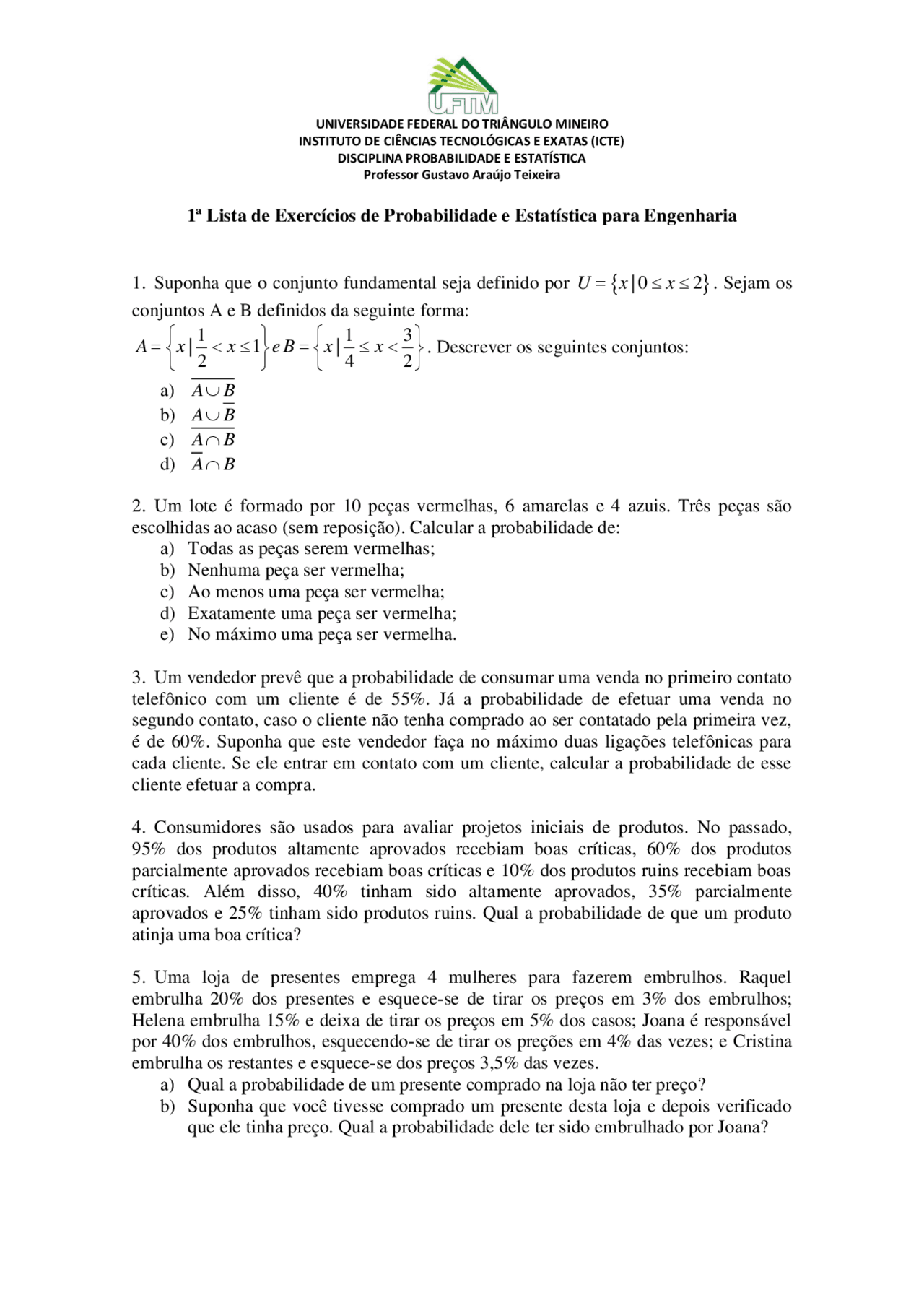 Lista De Exercícios Probabilidade - FDPLEARN