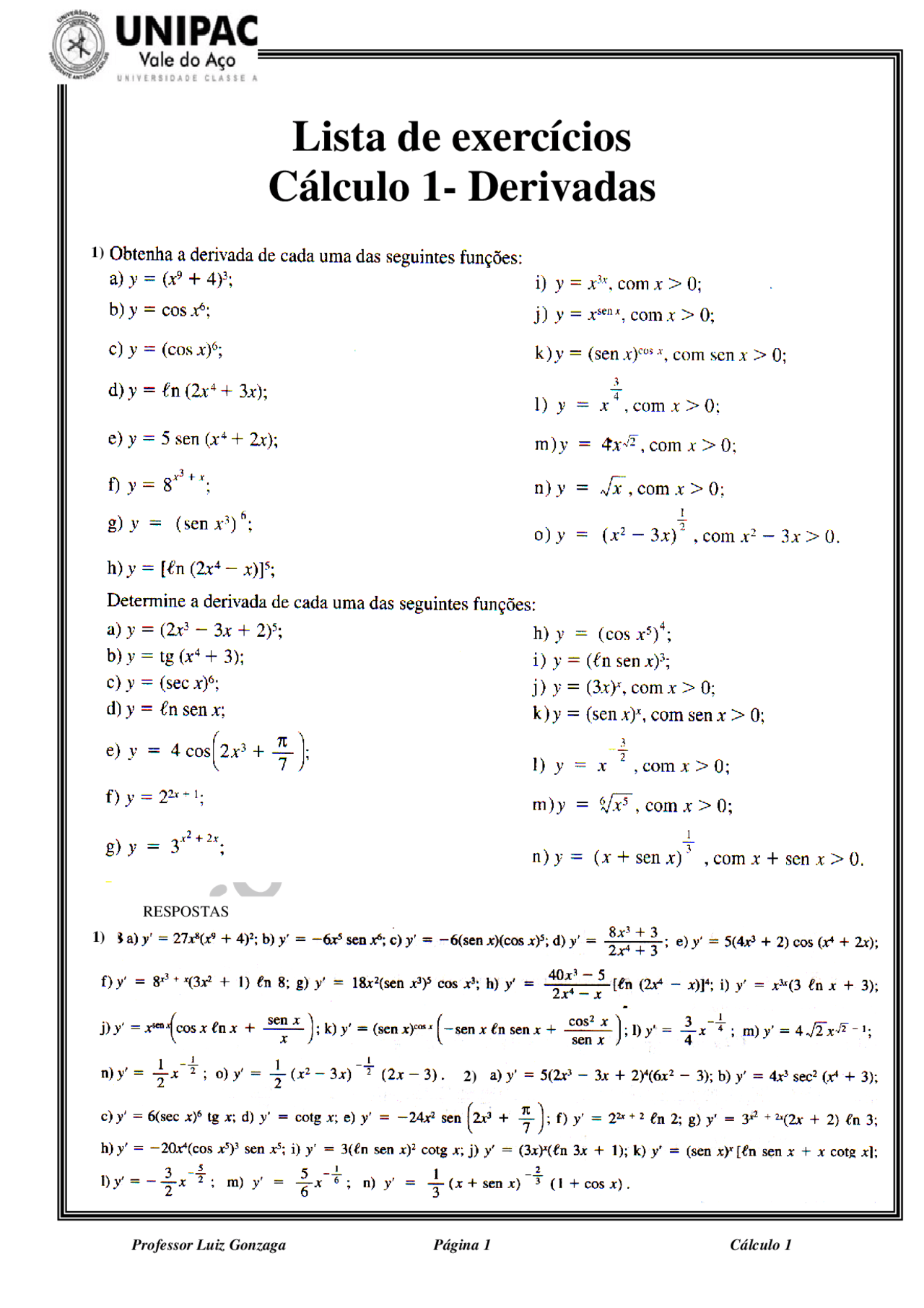 Ap 1 Cálculo 2 Lista De Exercícios 2 Derivadas 1 Exercícios De