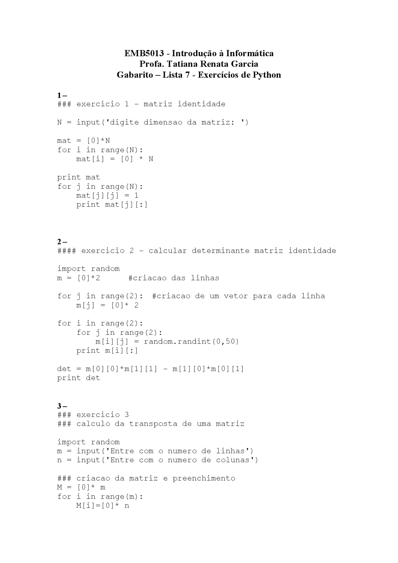 Programação Prof Tatiana Gabarito Lista Matrizes Python Aulas