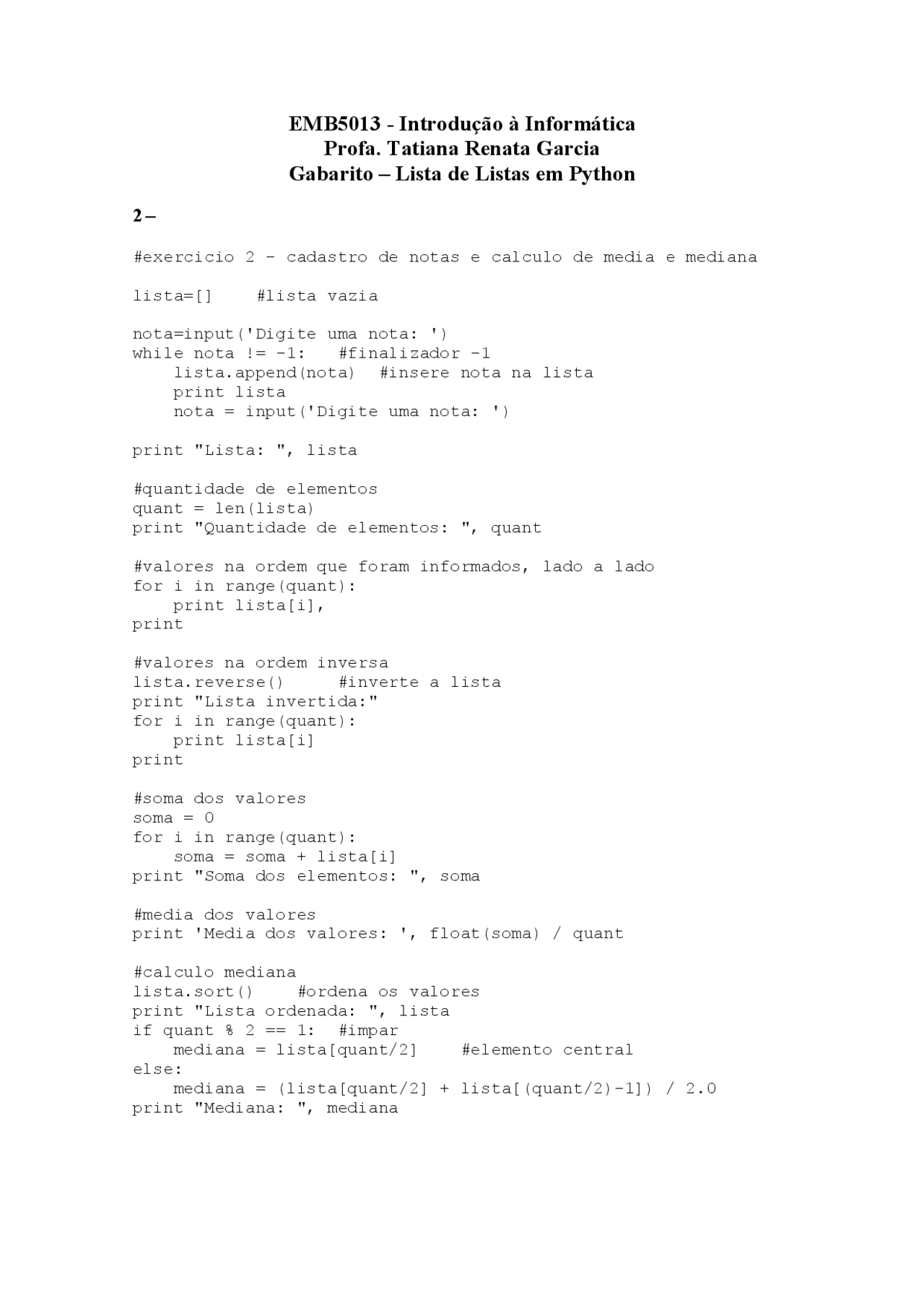 Programação - Prof. Tatiana - gabarito lista sobre listas - Aulas ...