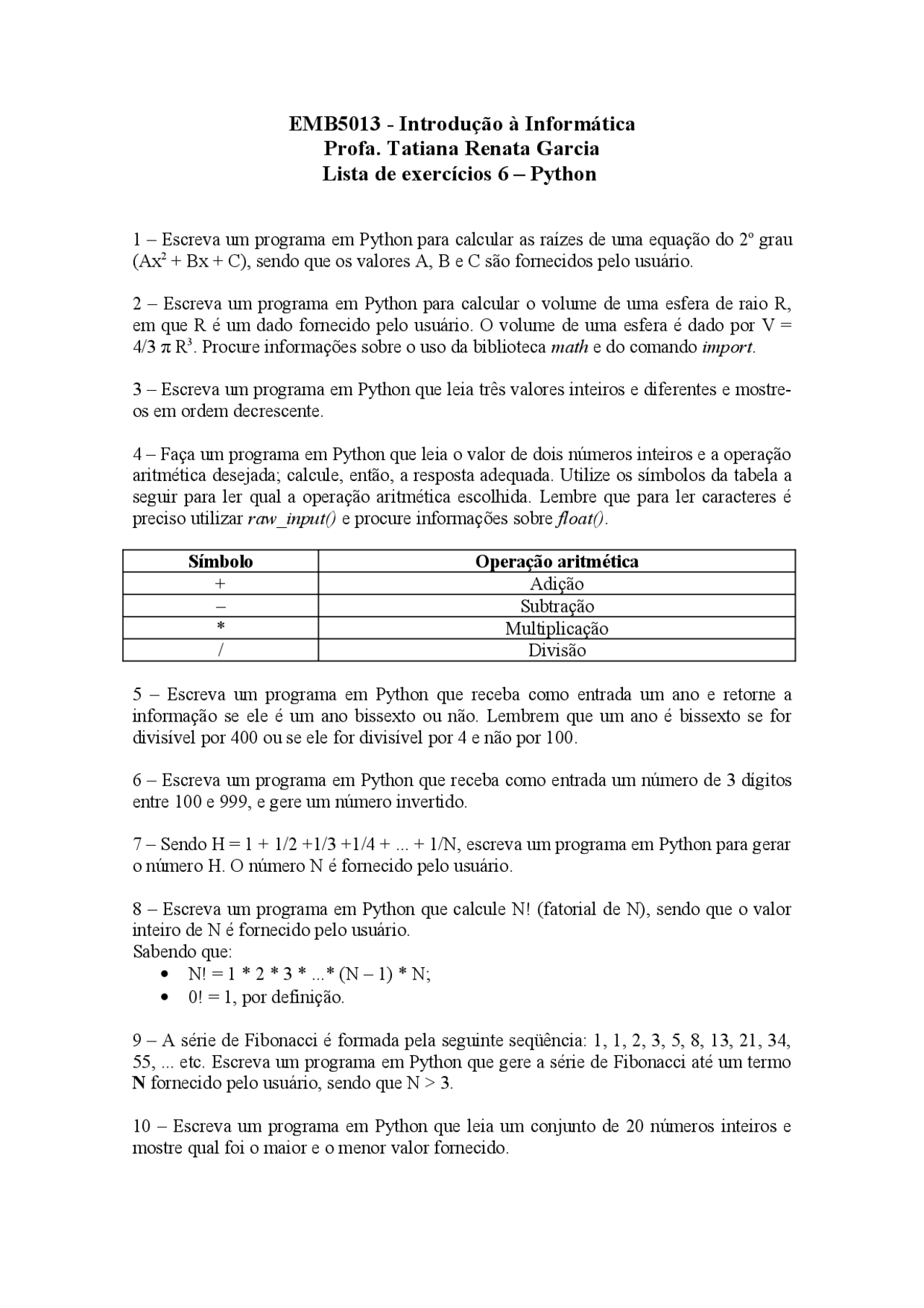 Programação Prof Tatiana Lista 6 Python Aulas Listas De
