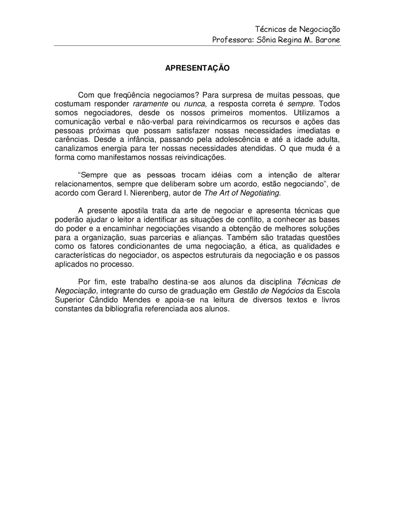 Apostila de Técnicas de Negociação Sonia Barone - Apostila de Técnicas ...