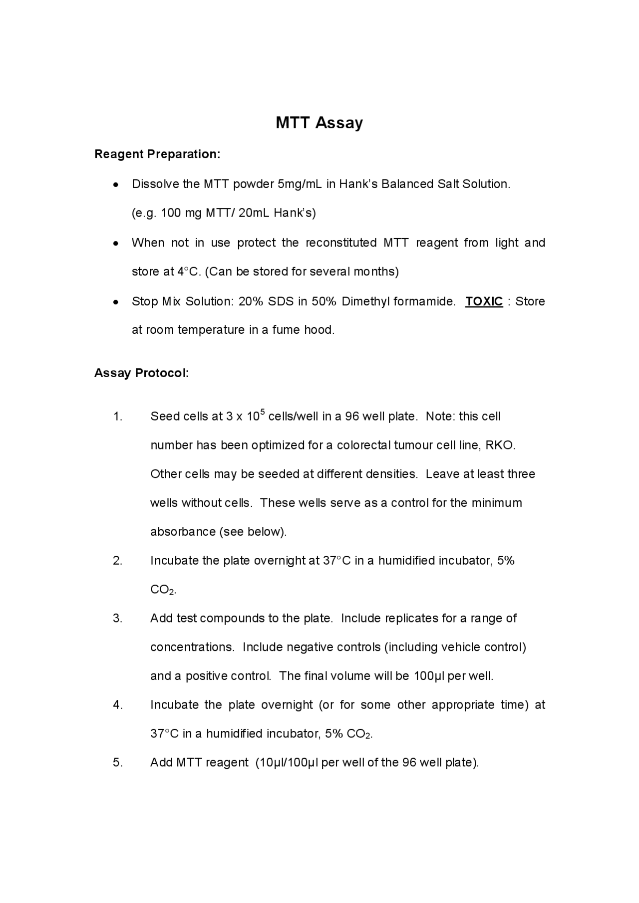 MTT Assay Reagent Preparation - MTT Assay Cell Culture - Docsity