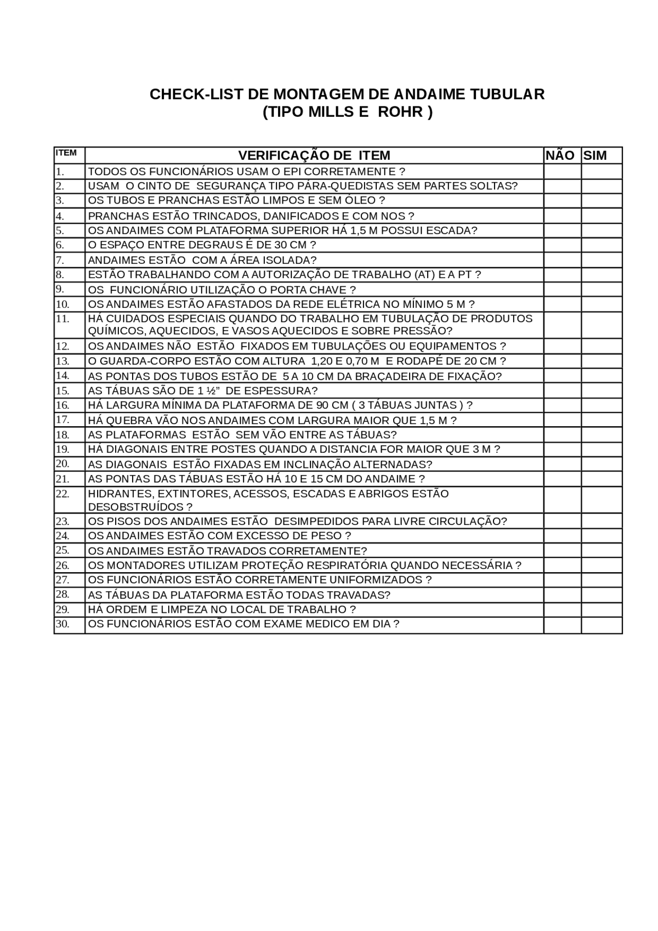 Check List - Andaime - Lista de Verificação - Docsity