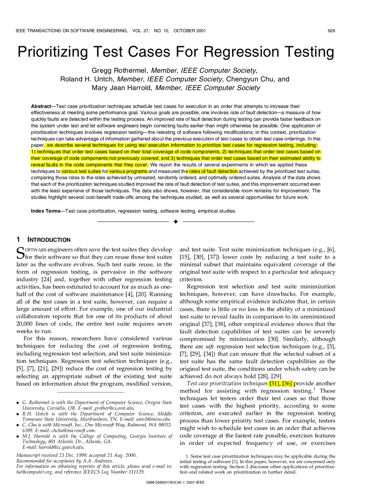 Prioritizing Test Cases For Regression Testing Prioritization For Regression Testing Docsity