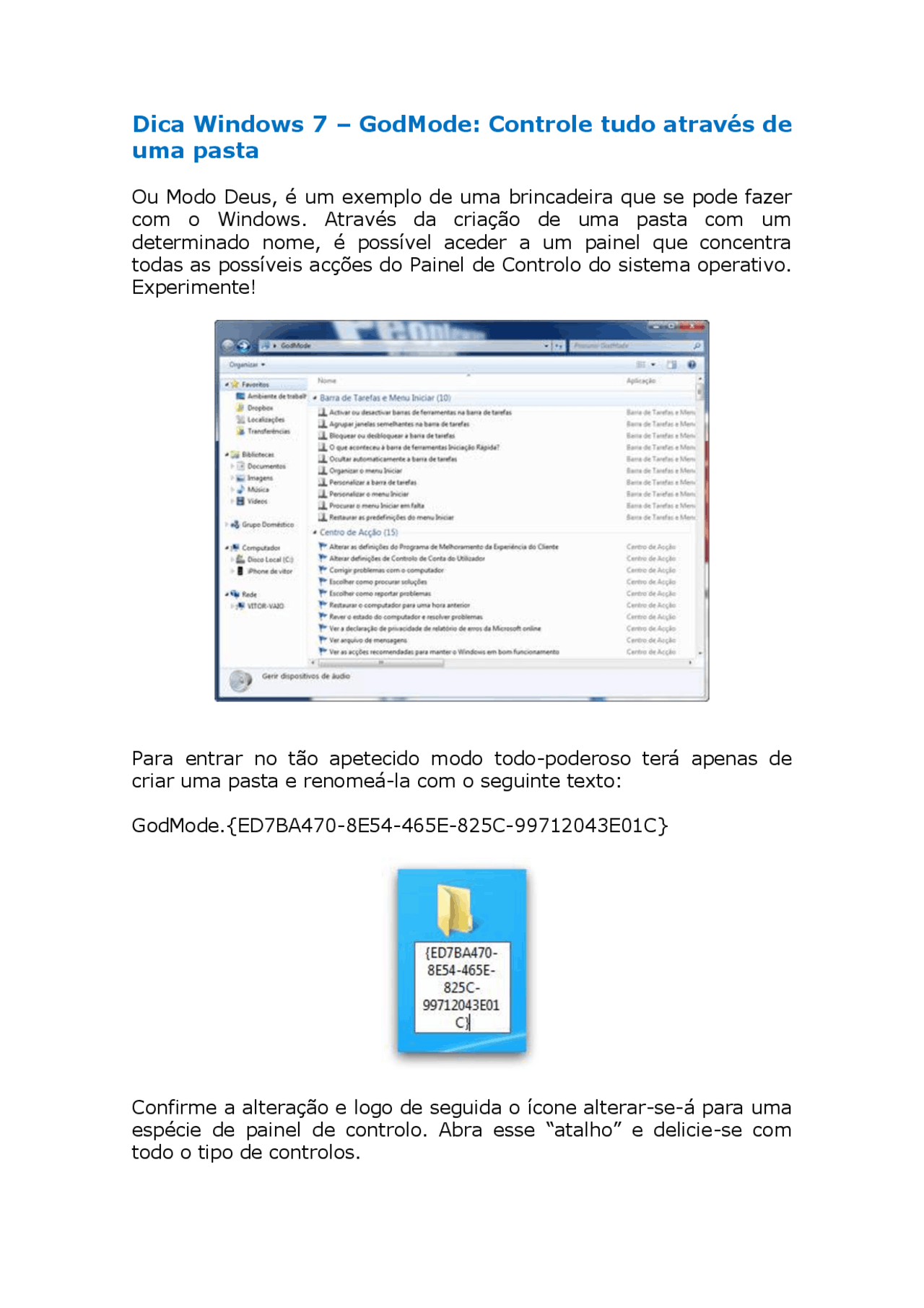 Dica Windows 7 - GOD MODE - Dica Windows 7 - Docsity
