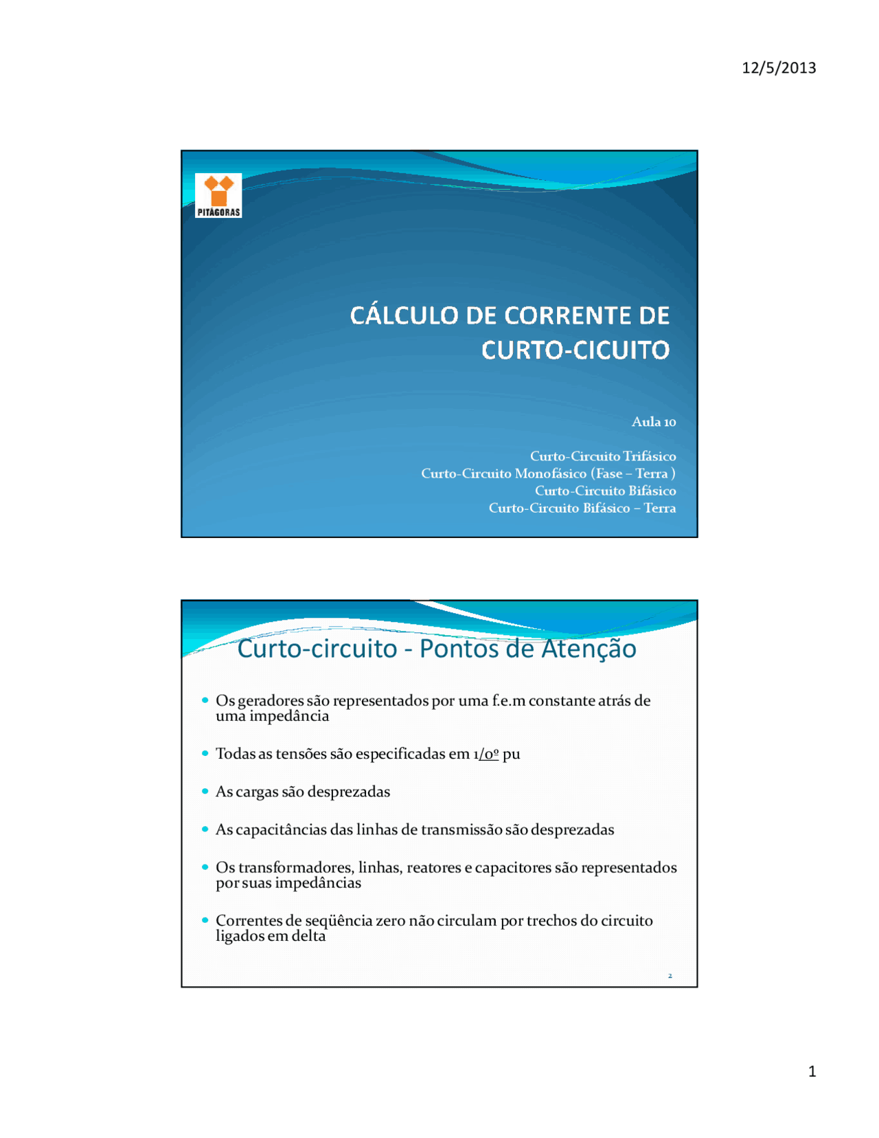 Sep 2 Aula 10 Calculo De Faltas Calculo De Curto Circuito Docsity