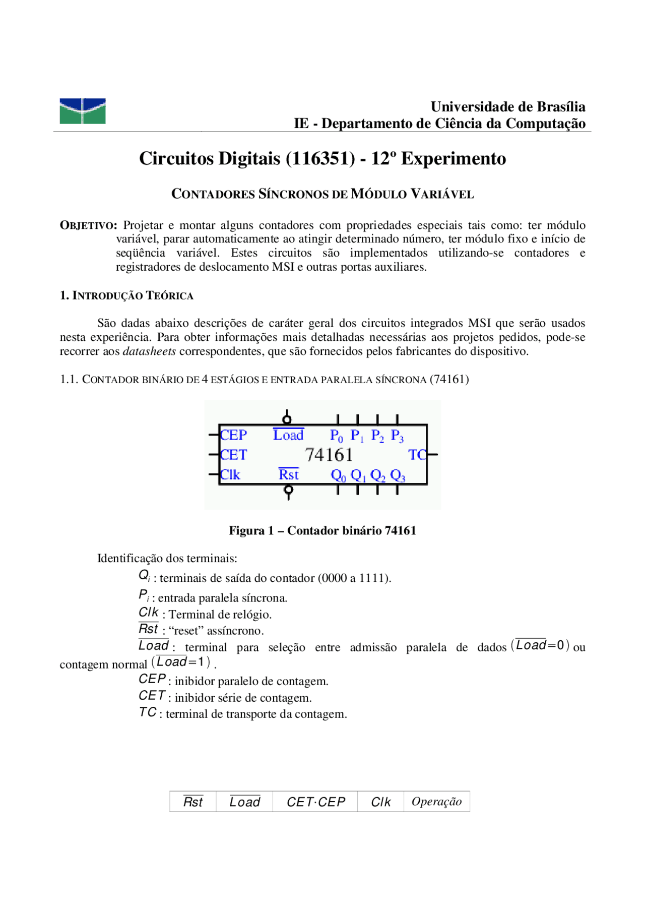 Roteiro Do 12º Experimento De Circuitos Digitais Roteiro Do 12º