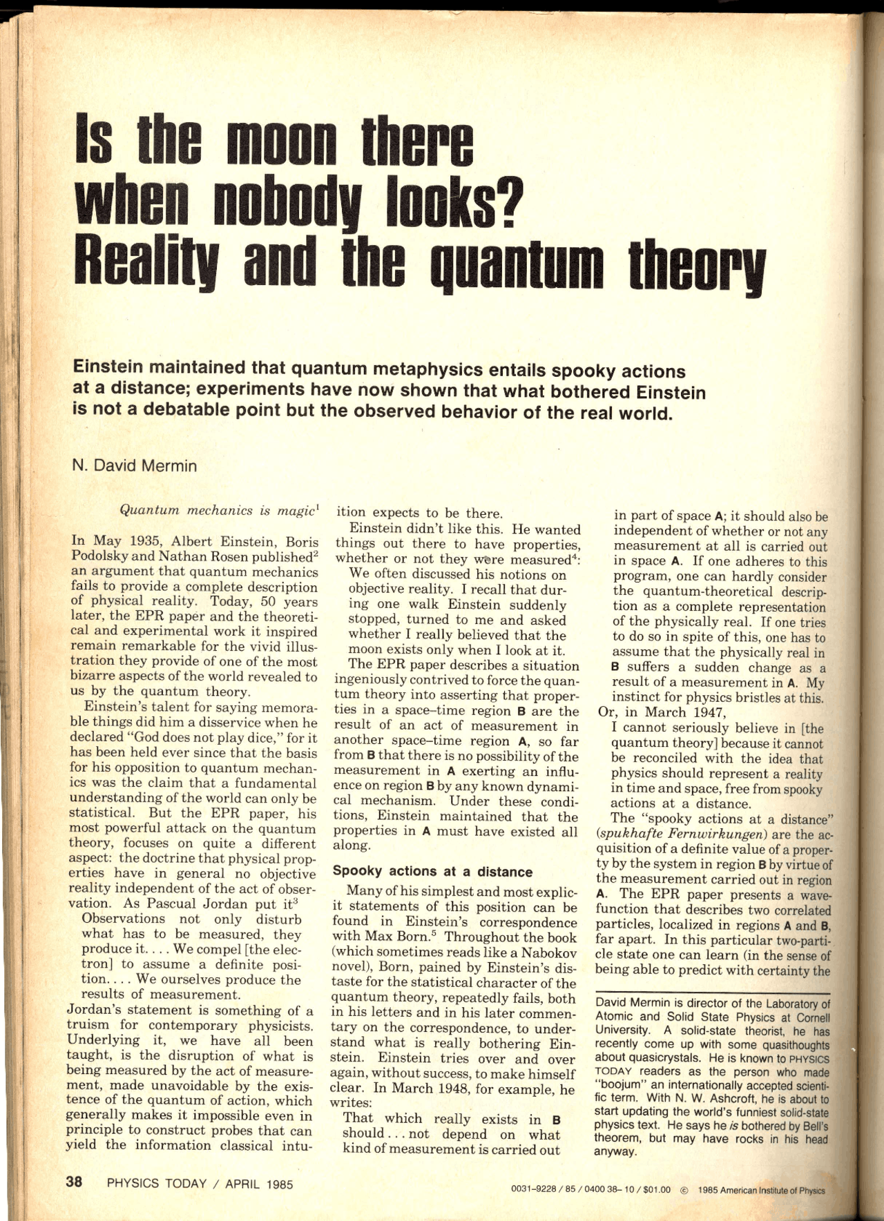 Mermin - Is the moon there when nobody looks? Reality and the Quantum ...