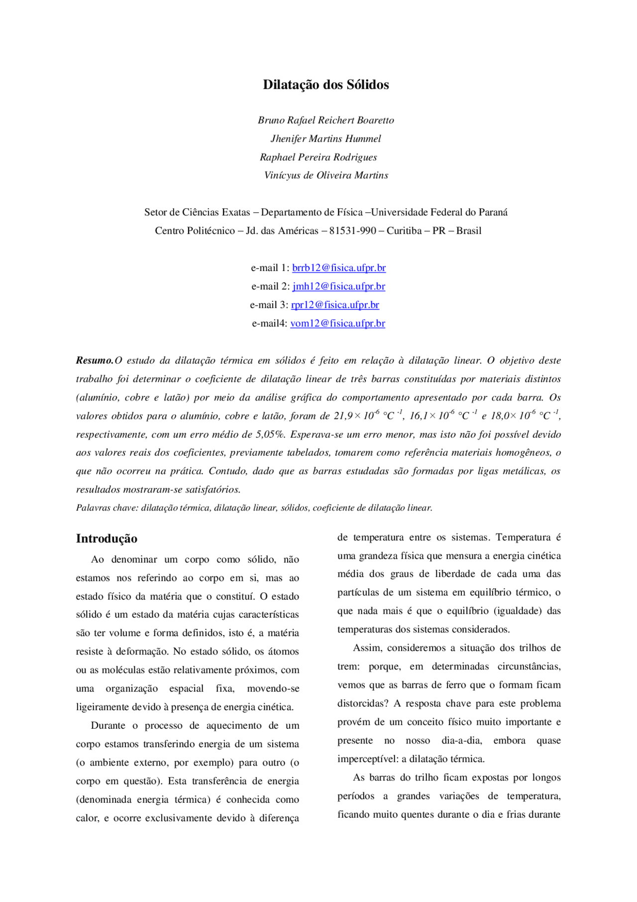 Relatório Dilatação Linear Relatório Sobre Dilatação Linear Em