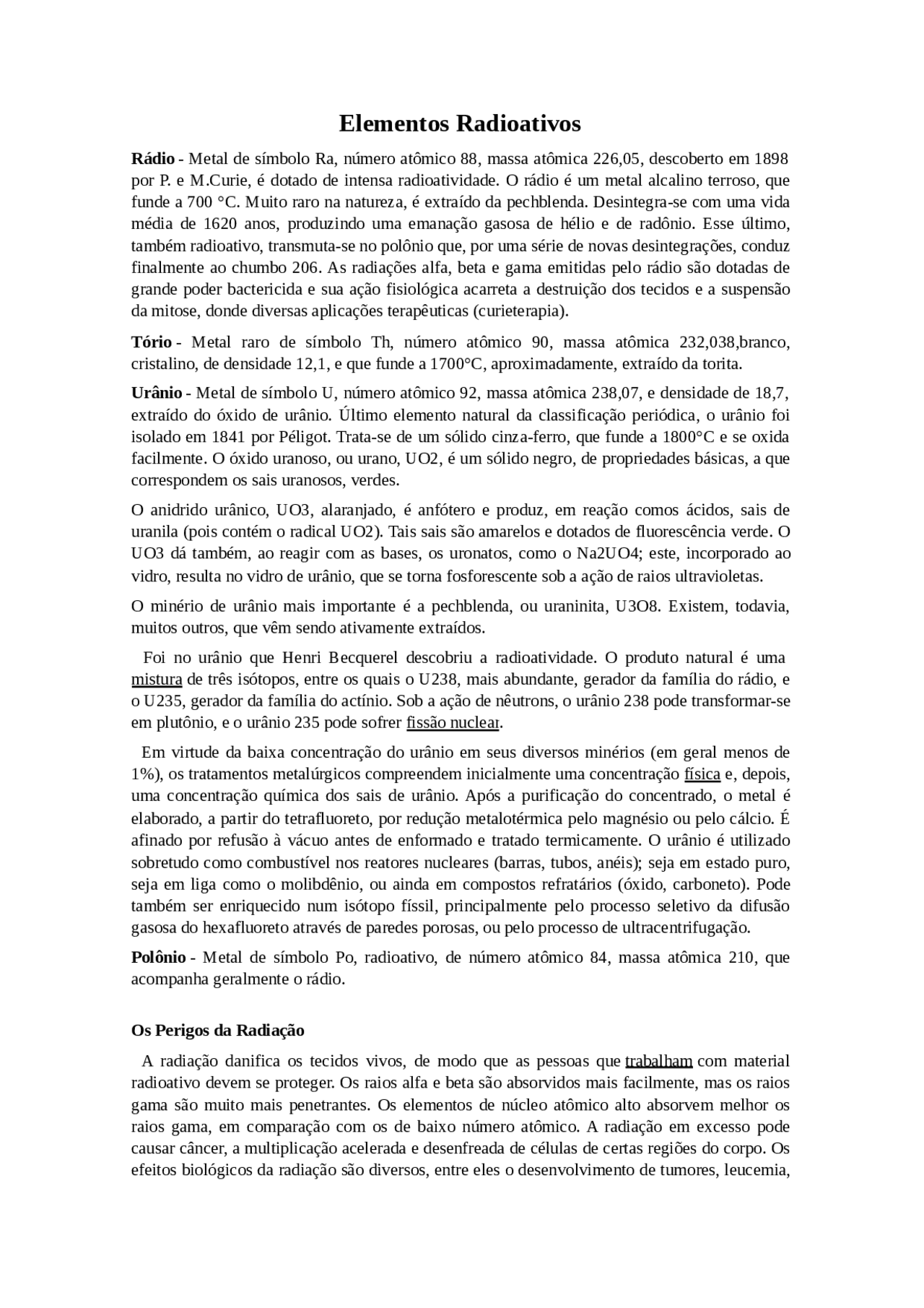 Elementos Radioativos - Elementos radioativos e suas causas - Docsity