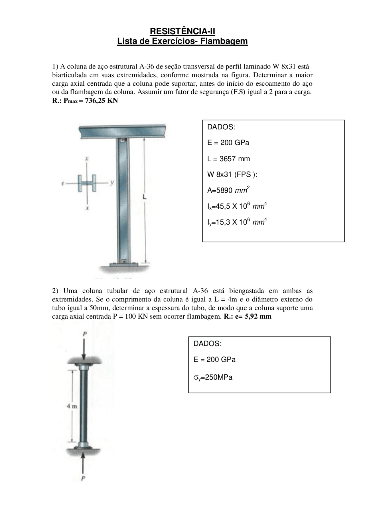 Flambagem - exercicios flambagem - flambagem de vigas - Docsity