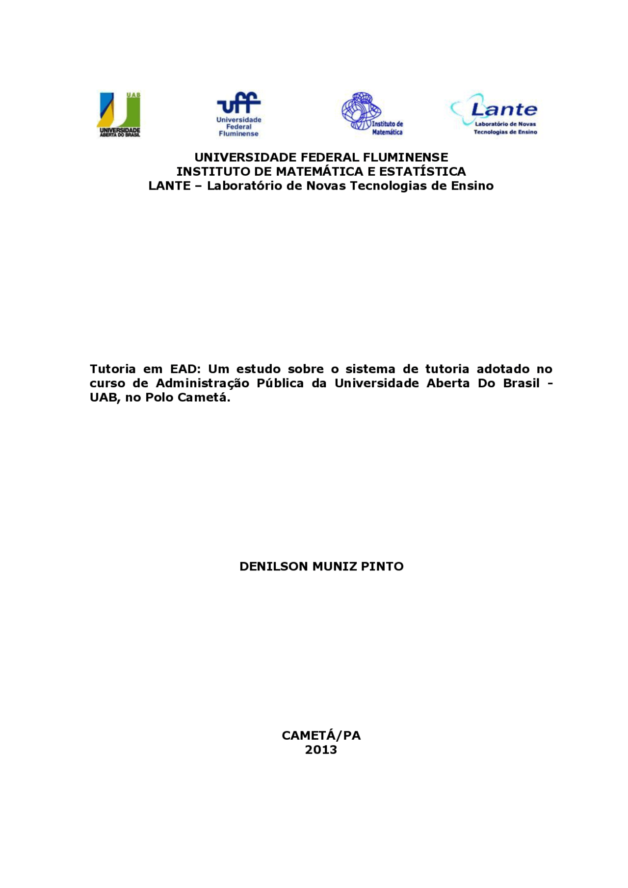 Tutoria Em Ead Trabalho De Final De Curso Apresentado à Coordenação