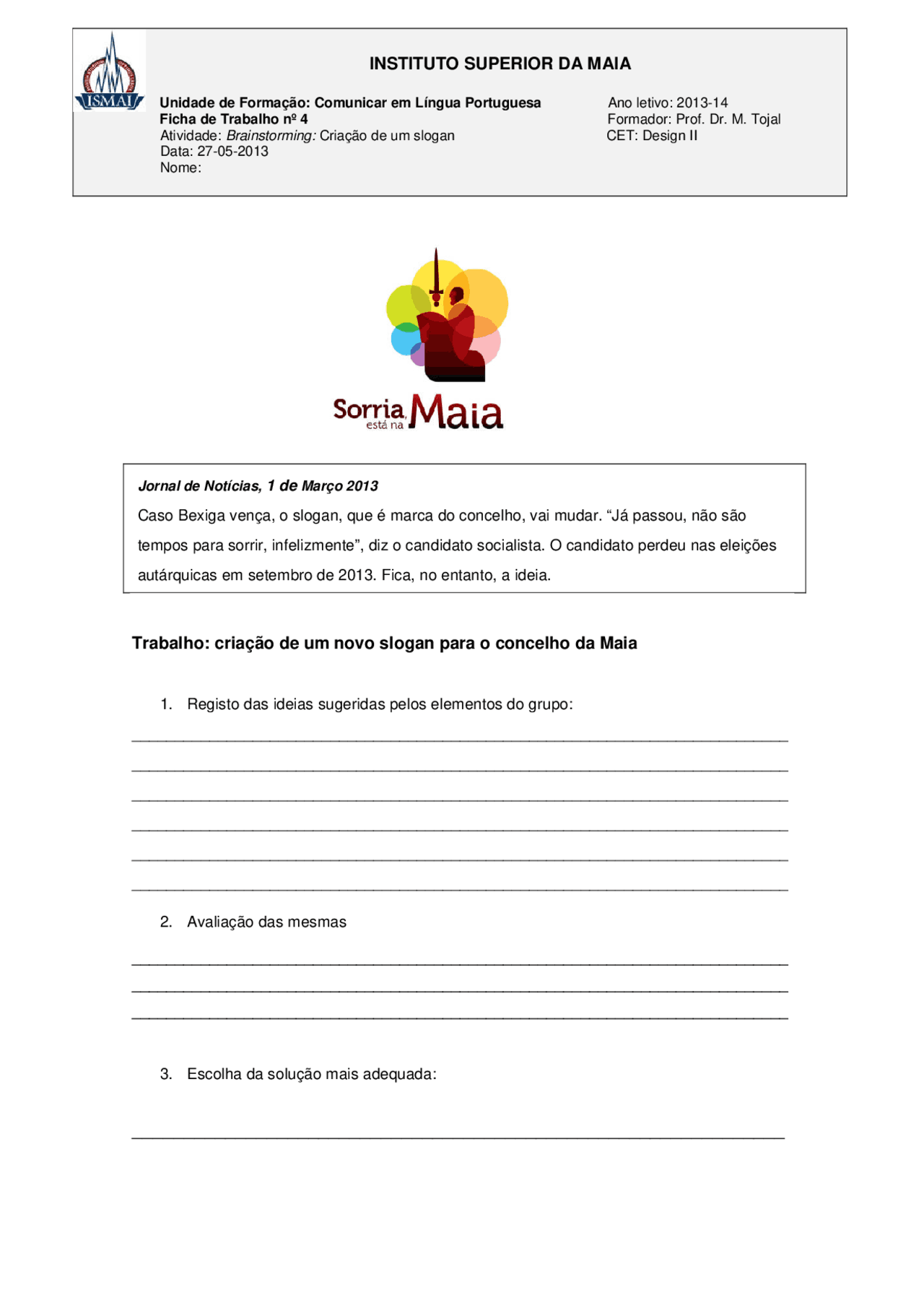 Ficha de Trabalho nº 4 - Criação de um slogan - Criação de um slogan ...