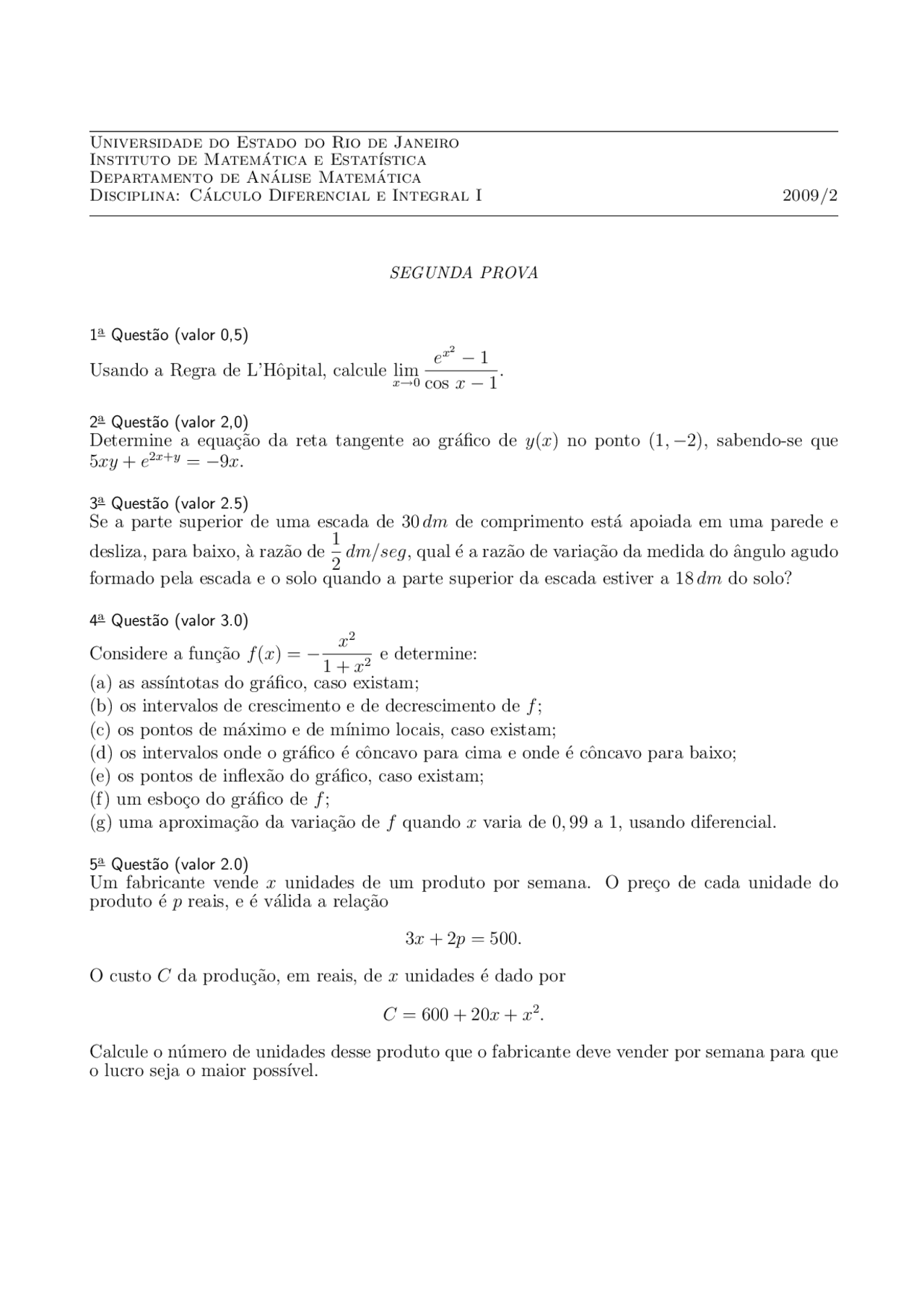 Prova De Cálculo 1 Prova De Engenharia Docsity