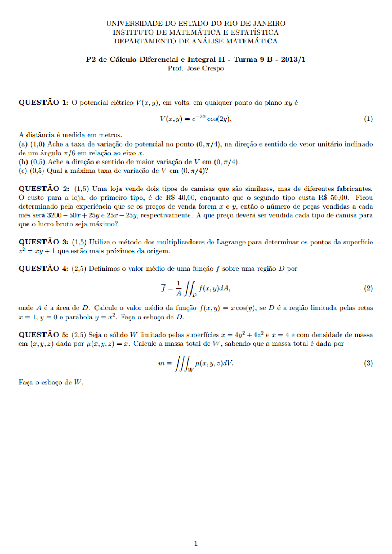 Prova De Cálculo 2 Modelo 2 P2 Uerj Engenharia Docsity